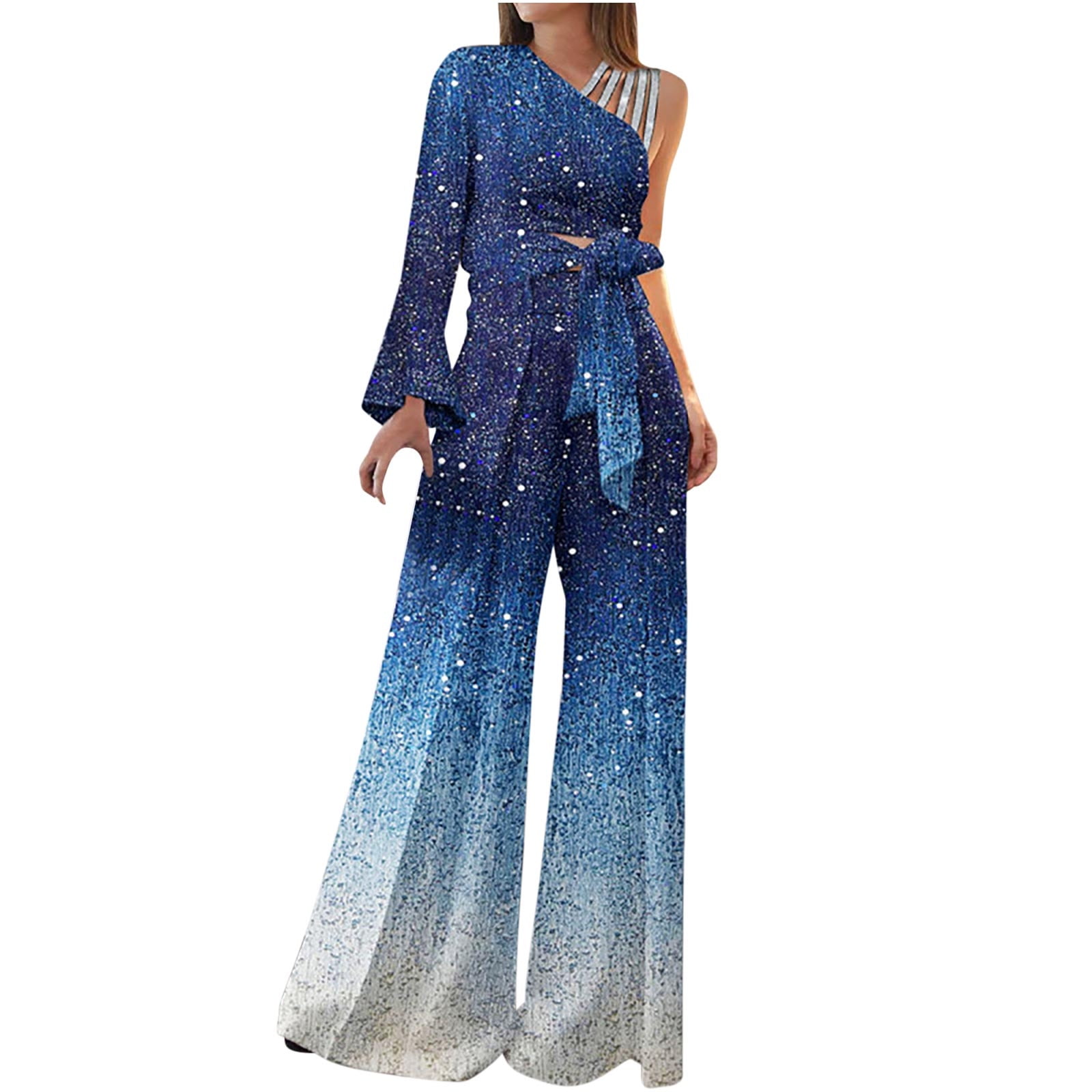 qolati Sequin Print Jumpsuits for Women 2024 One Shoulder Hollow Out ...