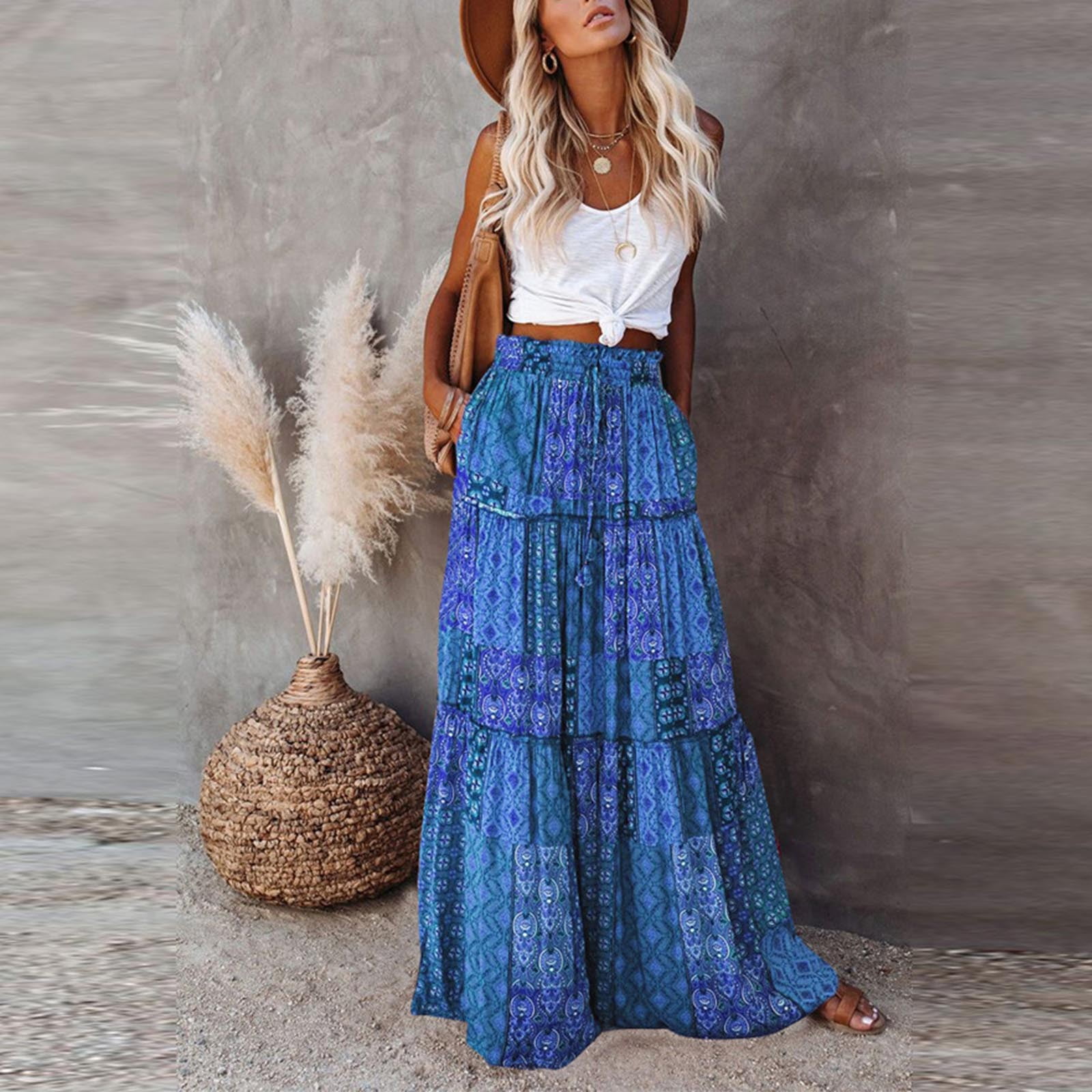 Qolati Women Bohemian Maxi Skirt, Elastic Waist, Floral Print, Pleated ...