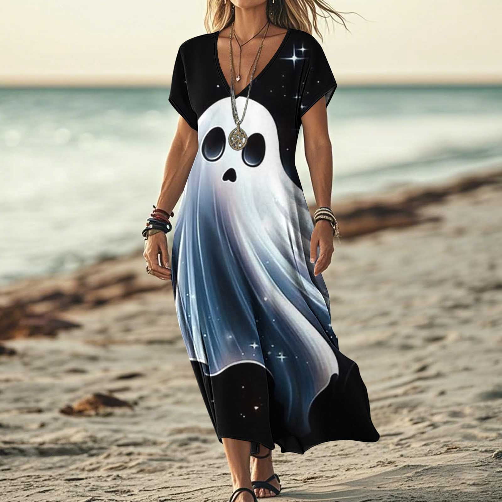 qolati Sundresses for Women Cute Ghost Graphic Short Sleeve V-Neck ...