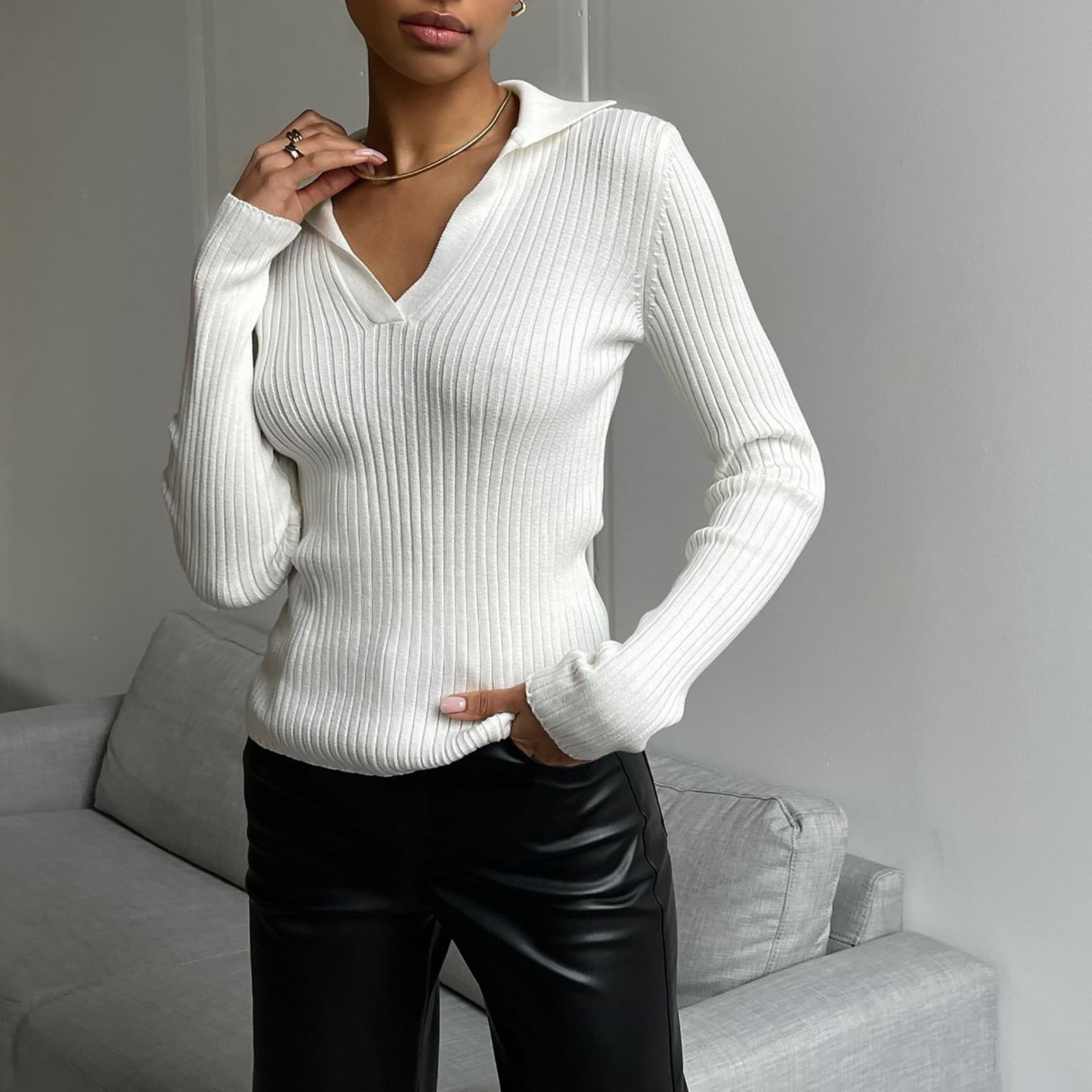 qolati Sweaters for Women Long Sleeve V Neck Ribbed Knit Blouses Fall ...