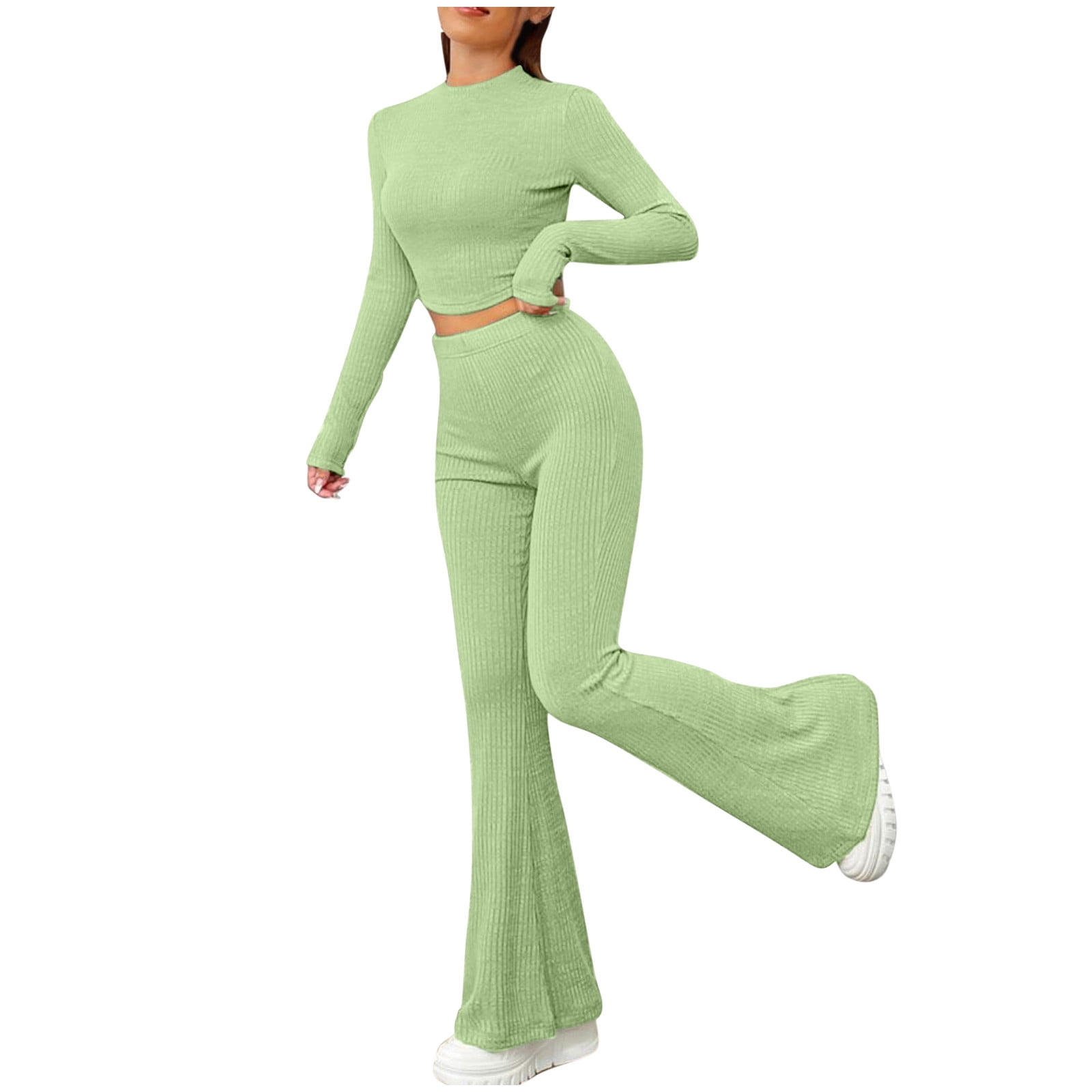 qolati Two Piece Lounge Sets for Women Ribbed Knit High Waisted Flare ...