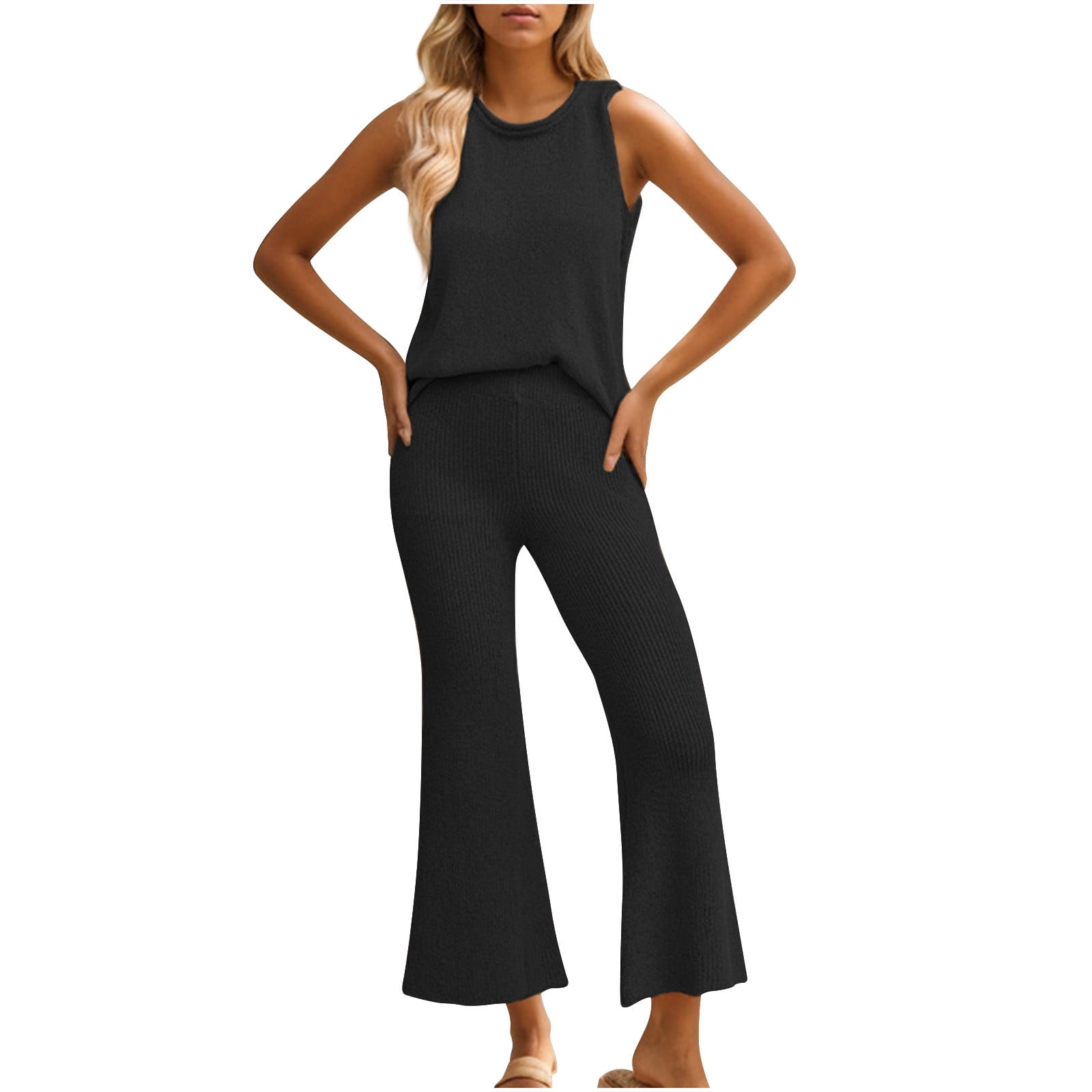 qolati Two Piece Sets for Women Ribbed Knit Sleeveless Pullover Tops ...