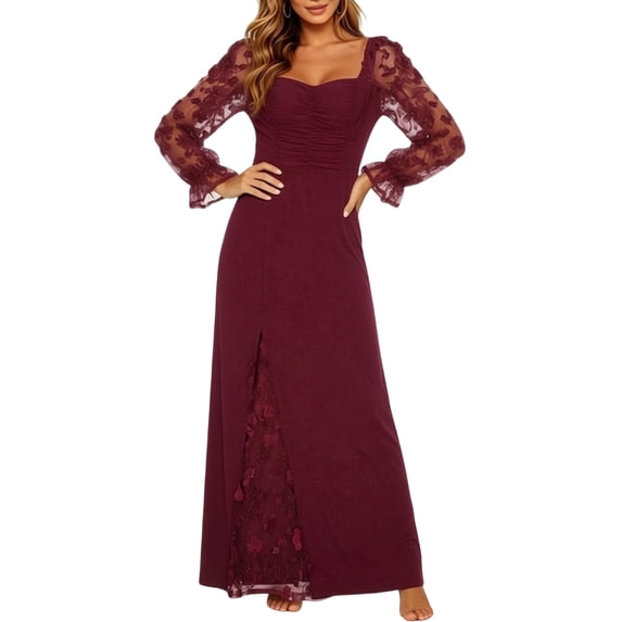 qolati Wedding Guest Dresses for Women Floral Lace Puff Long Sleeve ...