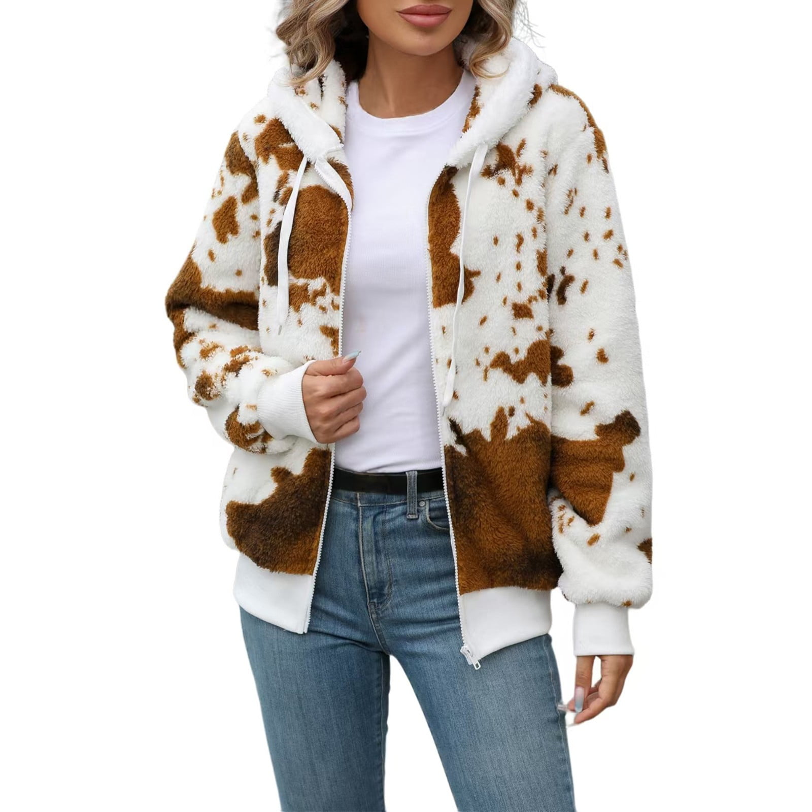 qolati Winter Coats for Women 2024 Trendy Fleece Jacket Cows Print ...
