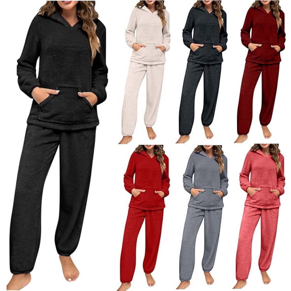 qolati Women 2 Piece Outfits Fuzzy Fleece Long Sleeve Hoodies ...