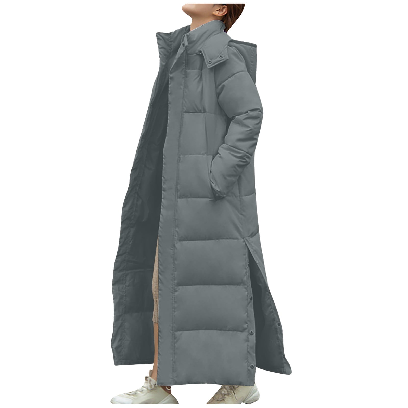 qolati Women Long Quilted Coat Maxi Length Long Sleeve Button Slit ...