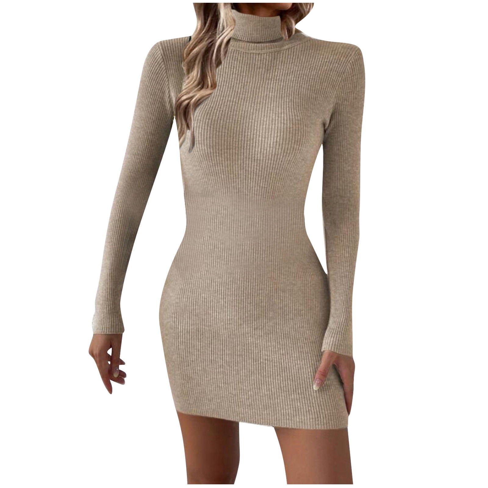 qolati Women Long Sleeve Sweater Dress Turtle Mock Neck Rib Knit ...