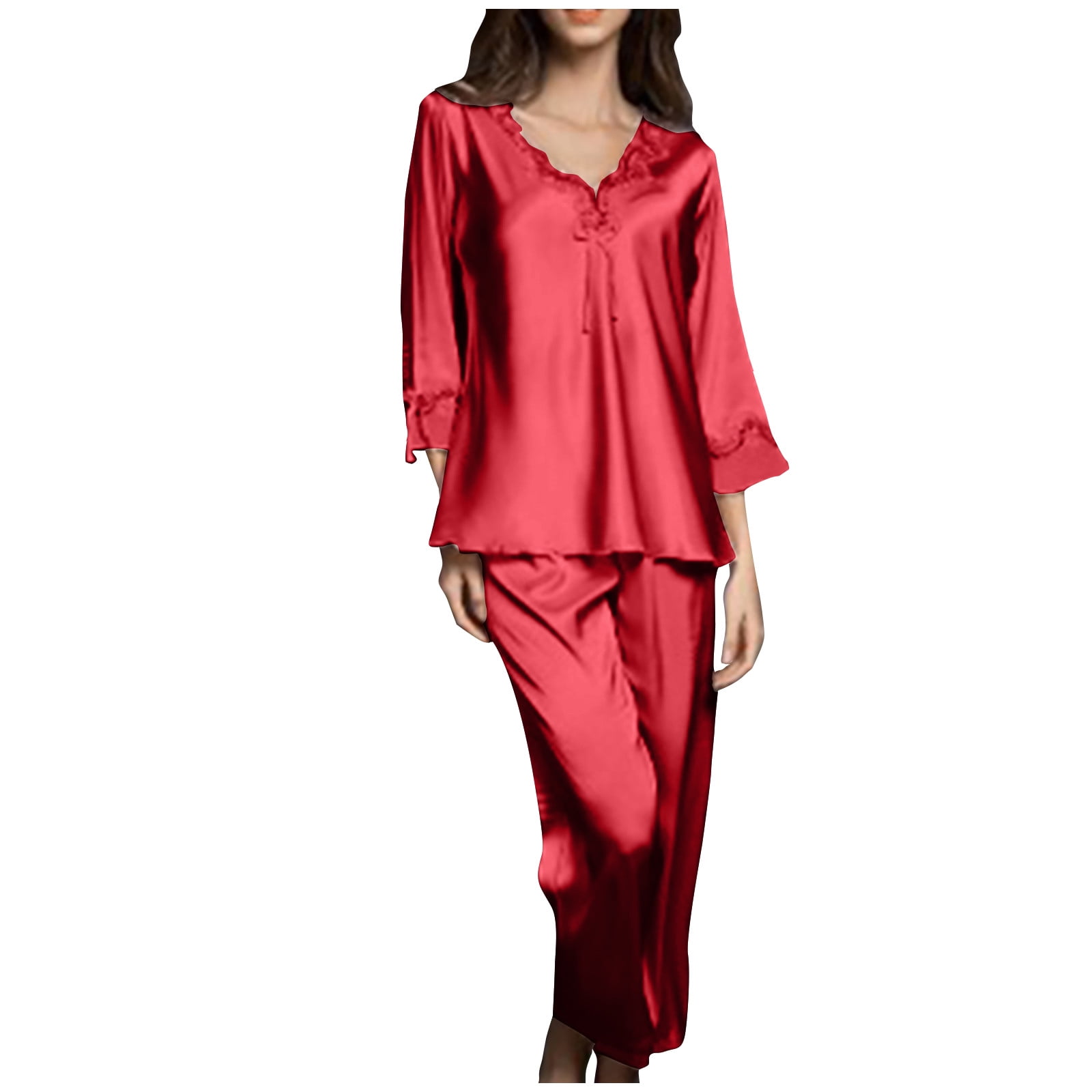 qolati Women Satin Pajama 2 Piece qolati Silk Pjs Set Soft Lace Trim V ...