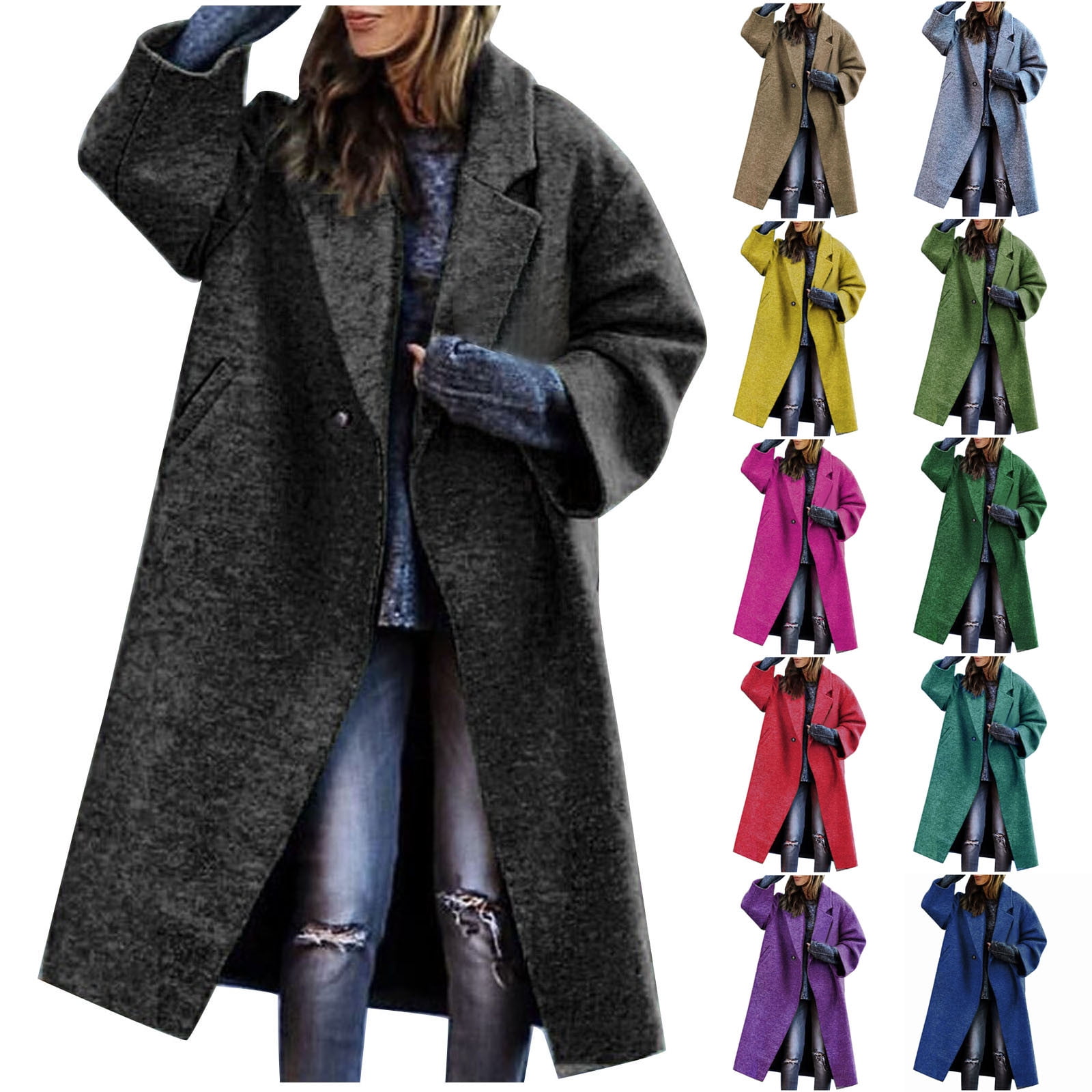 qolati Women Singel Breasted Pea Coat Casual Long Oversized Lapel Wool ...