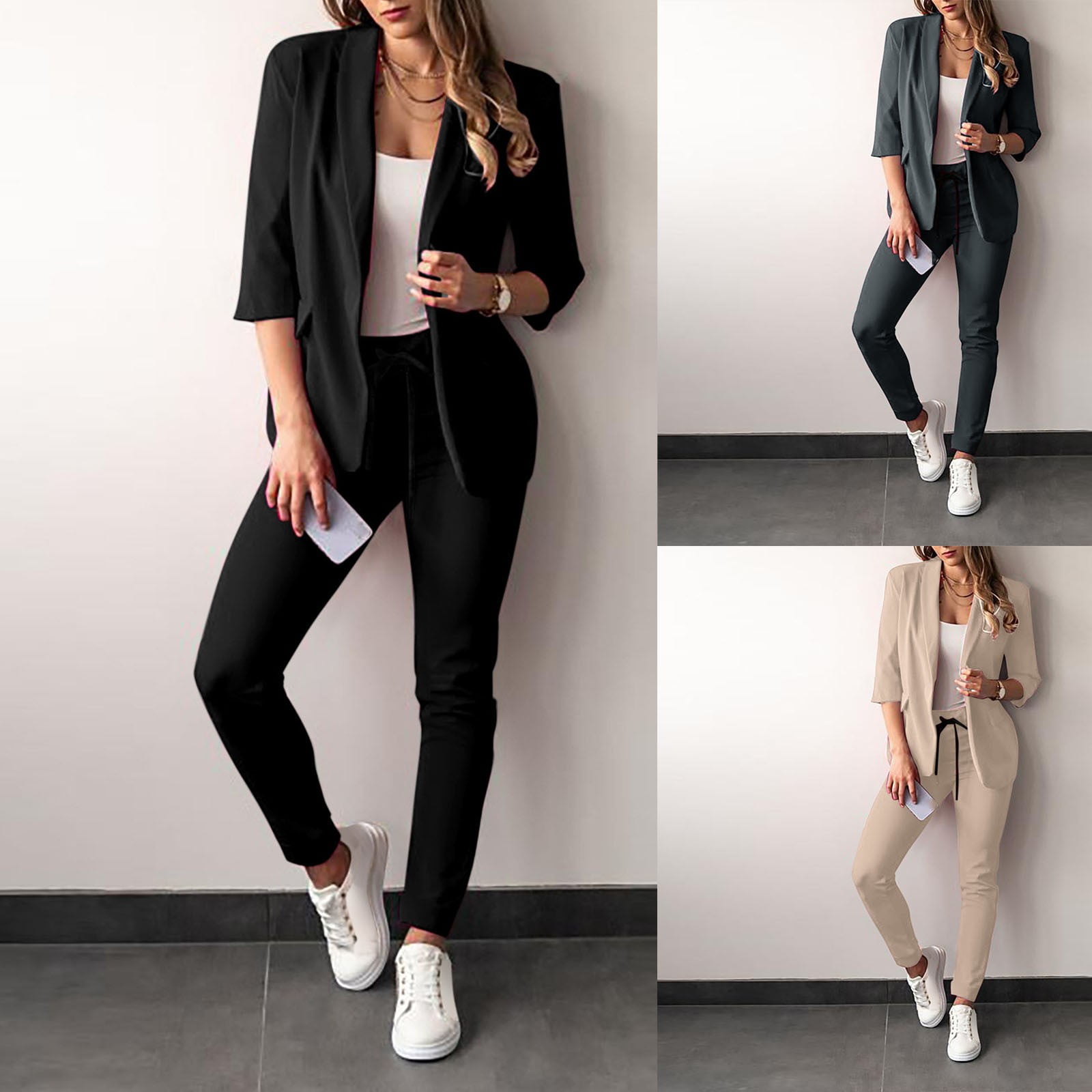 qolati Women's 2 Piece Outfits Casual Solid Open Front Blazer and ...