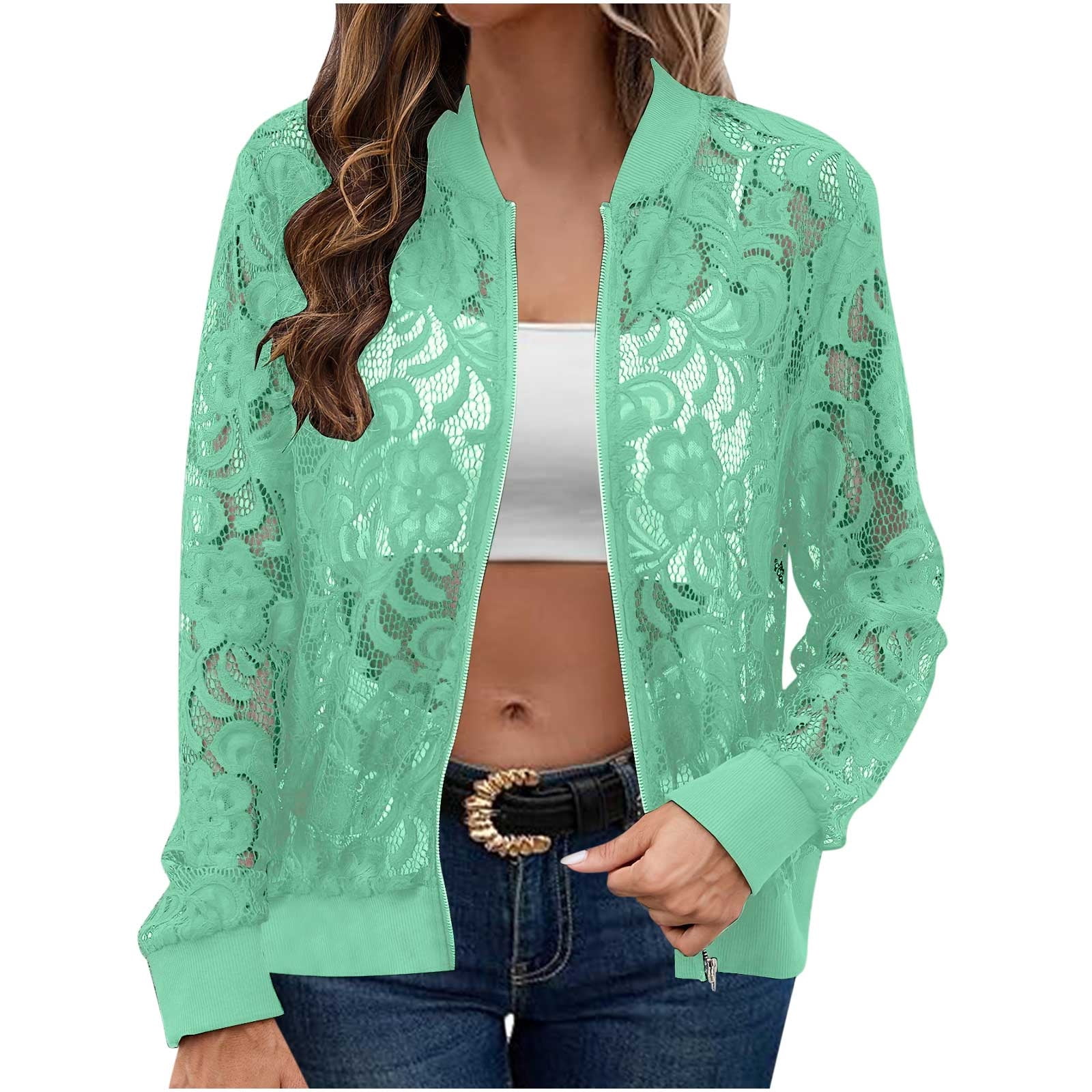 qolati Women's Bomber Jackets Sheers Floral Lace Long Sleeve Zip Up ...
