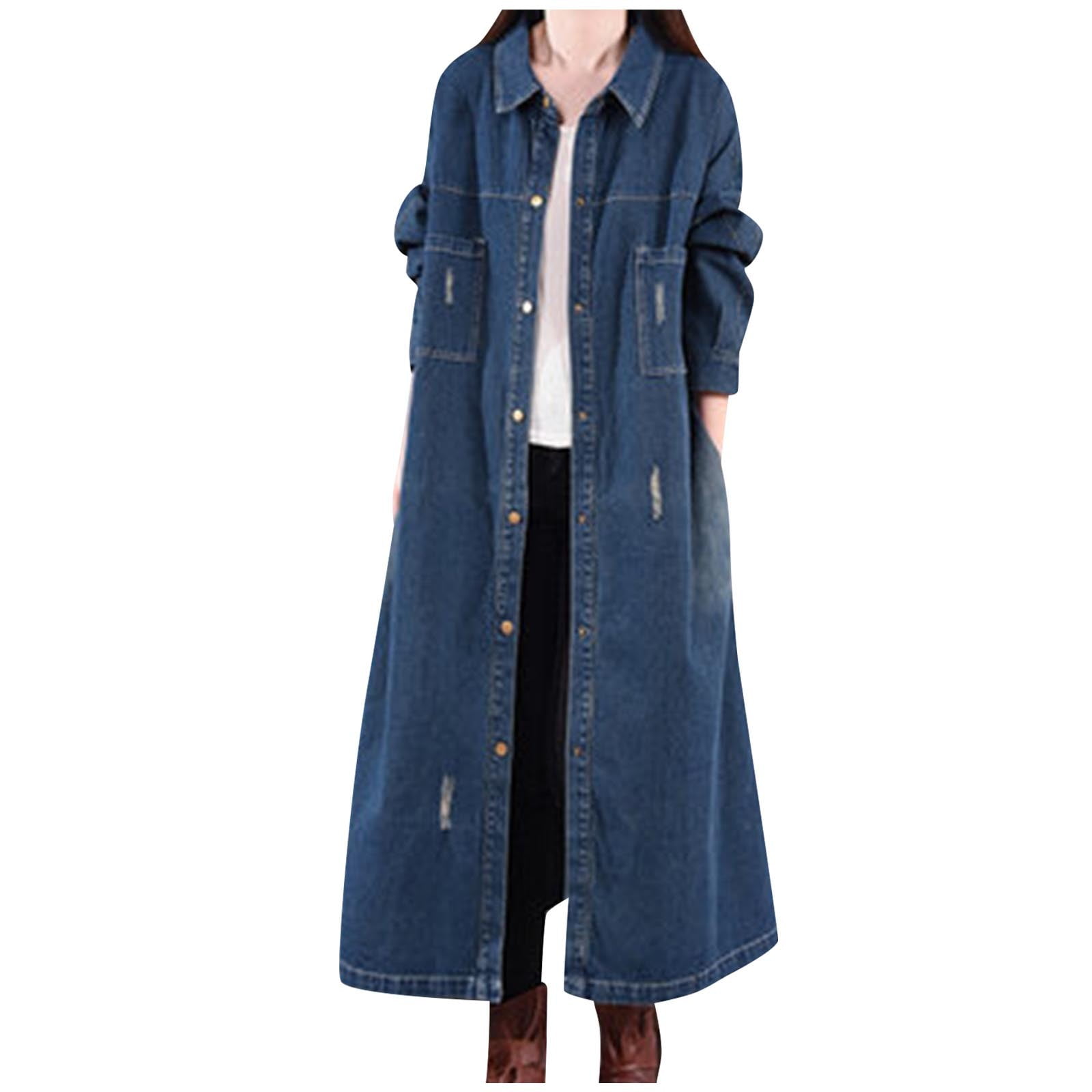 qolati Women's Button Down Denim Dress Loose Long Sleeve Casual Maxi ...