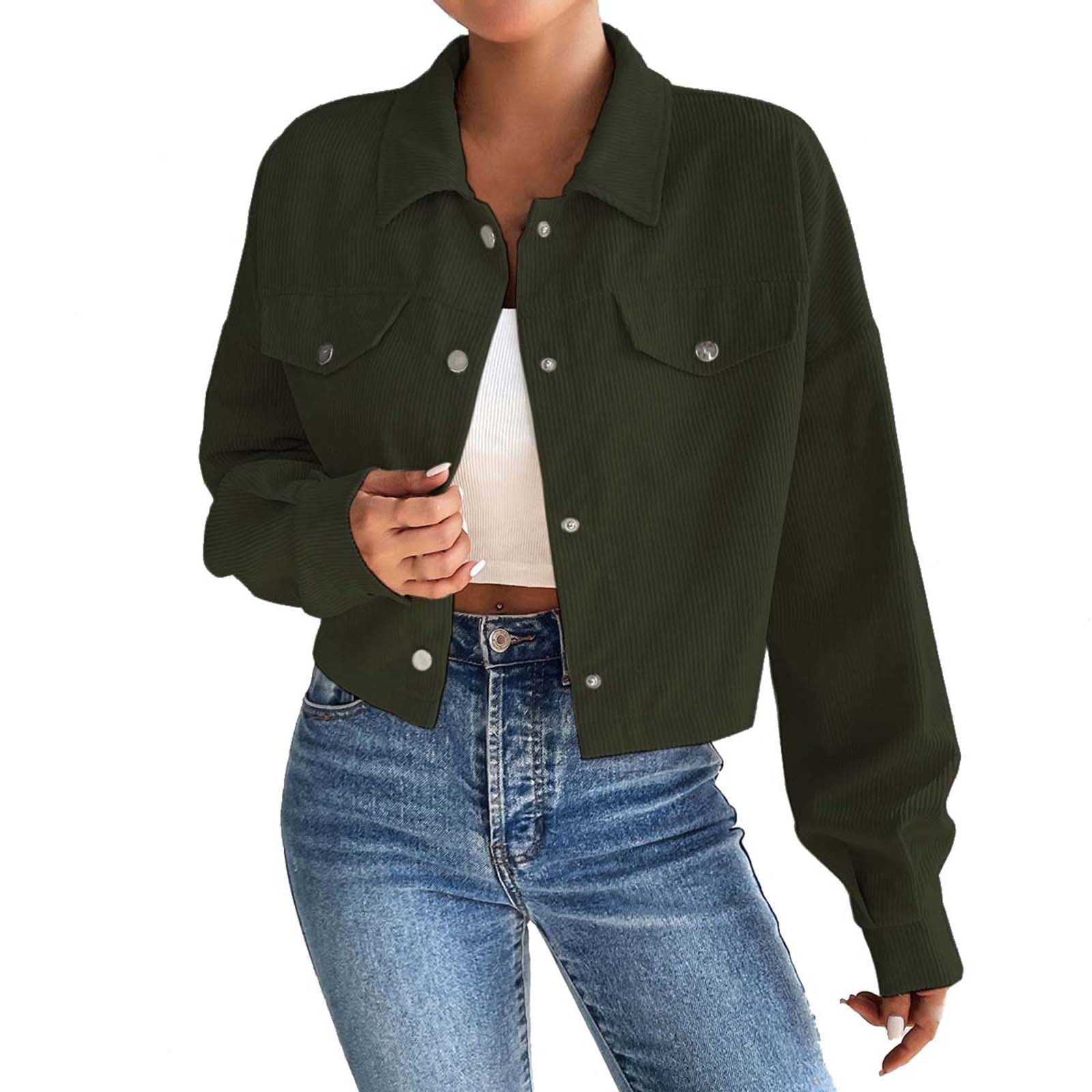 qolati Women's Corduroy Cropped Jackets Soft Warm Button Down Shacket ...