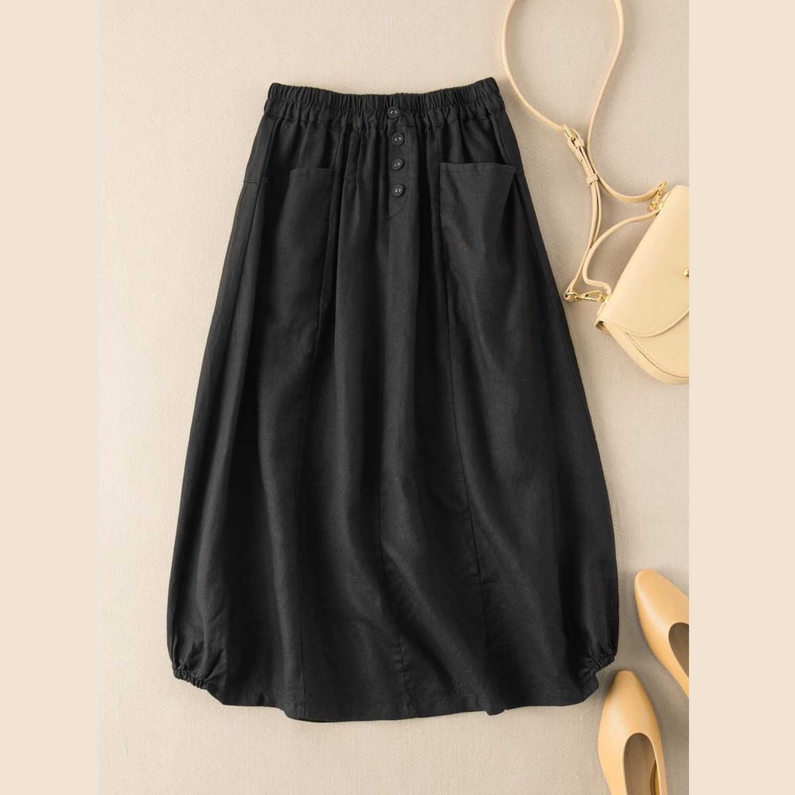 qolati Women's Cotton Linen Midi Skirt Summer Casual Elastic Waistband ...