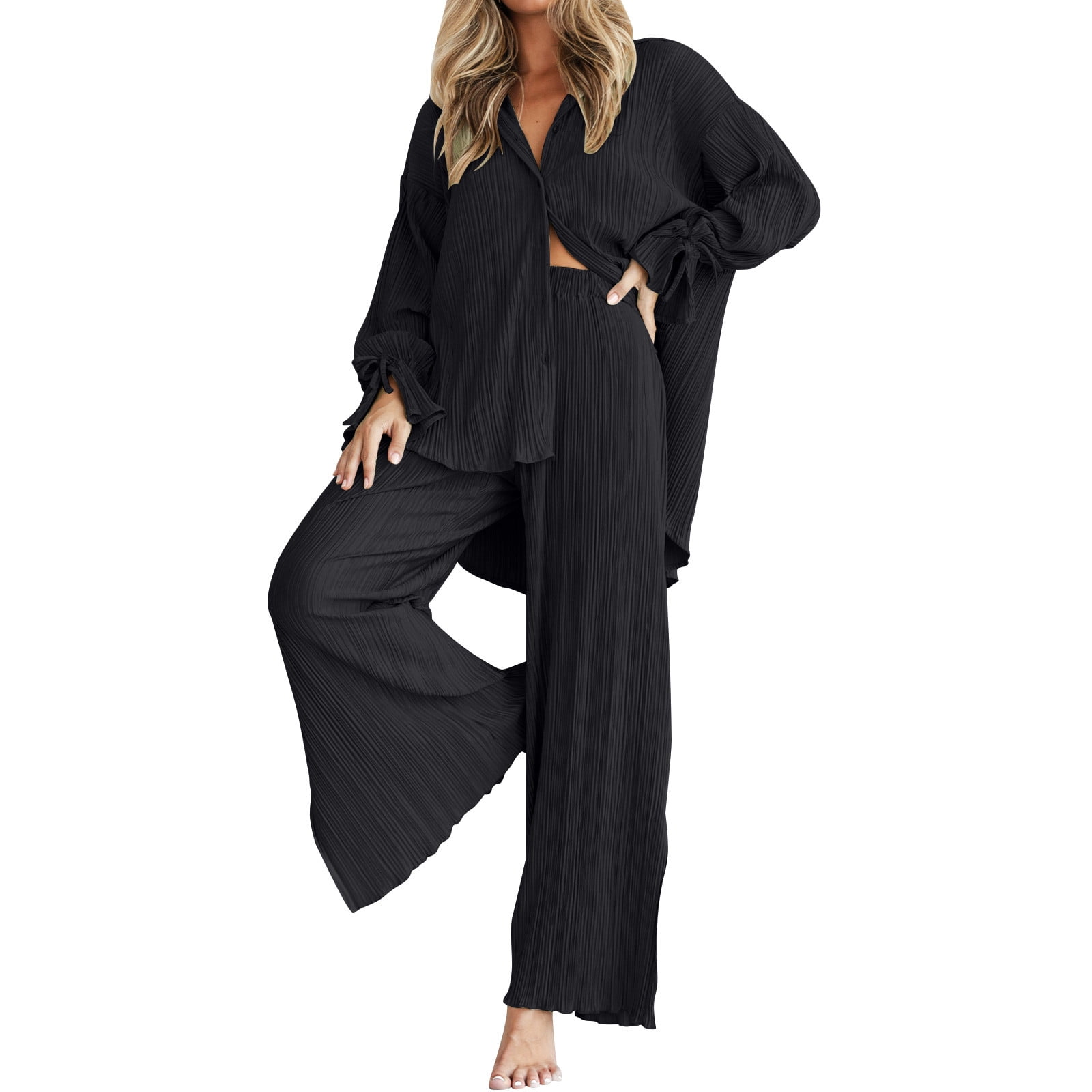 qolati Women's Fall 2 Piece Outfits Textured Suits Sets Casual Button ...