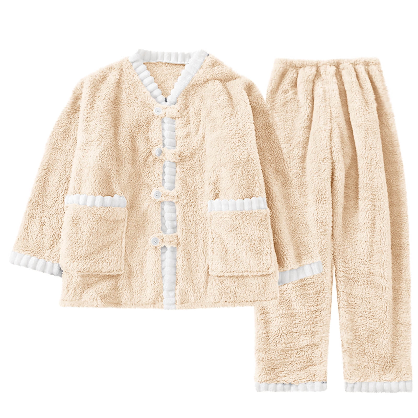 qolati Women's Fuzzy Pajama Sets Winter Warm Fleece Lounge Set Casual ...