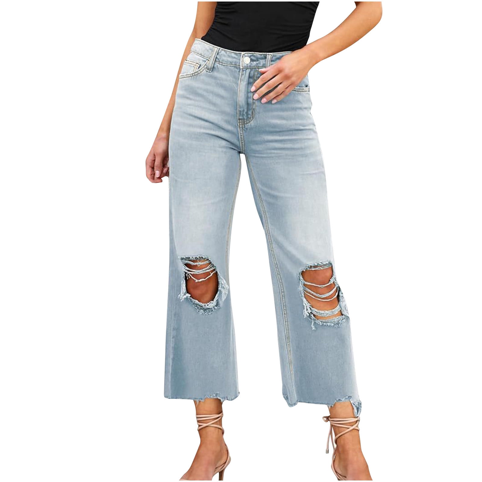qolati Women's Jeans Casual High Waisted Ripped Cropped Jeans Trendy ...