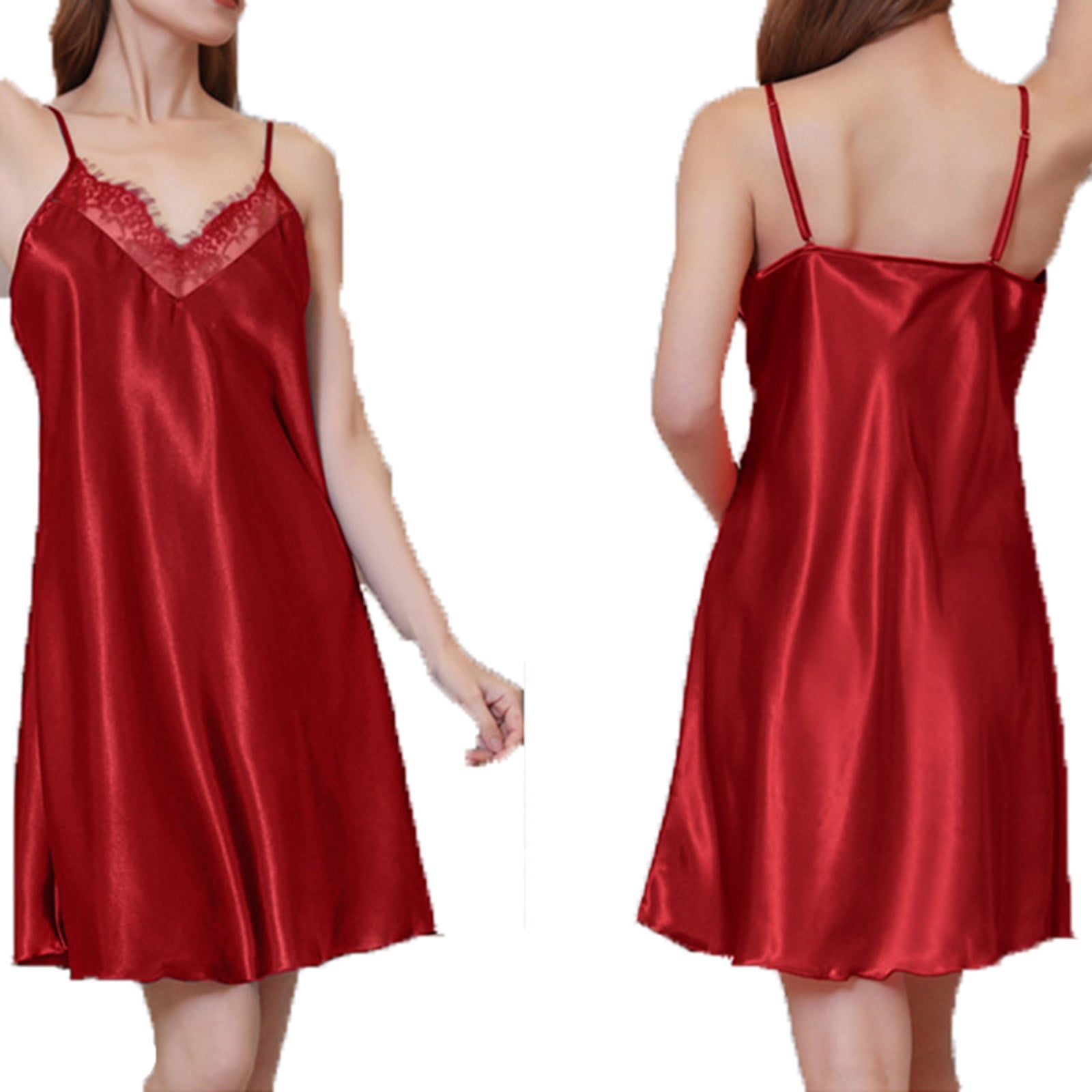 qolati Women's Satin Lace Nightgown Soft V Neck Negligee Silk Slip ...