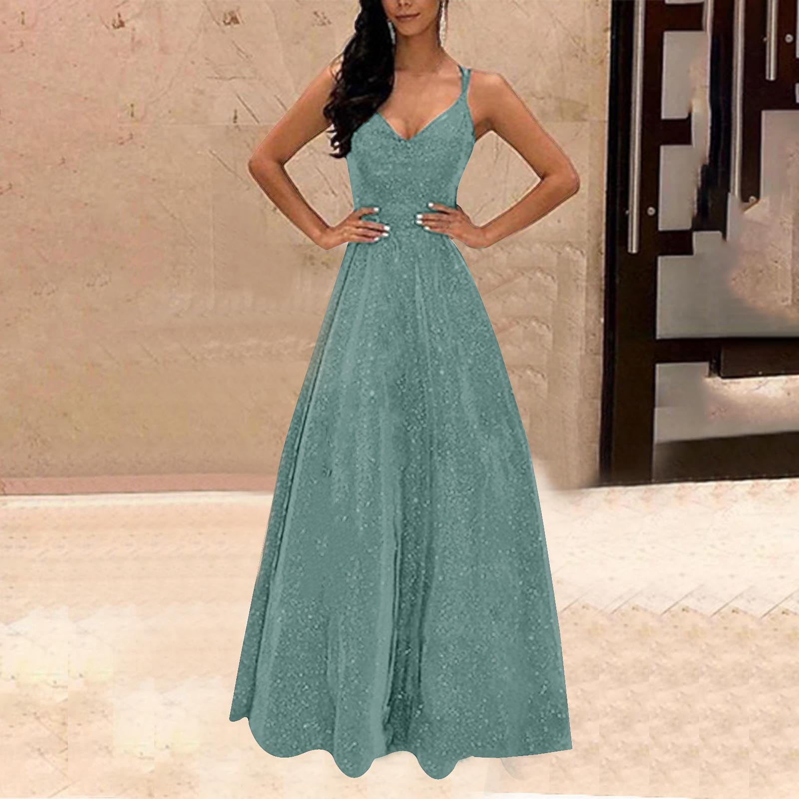 qolati Women's V-Neck Cocktail Dresses Long Sparkly Ball Gown ...
