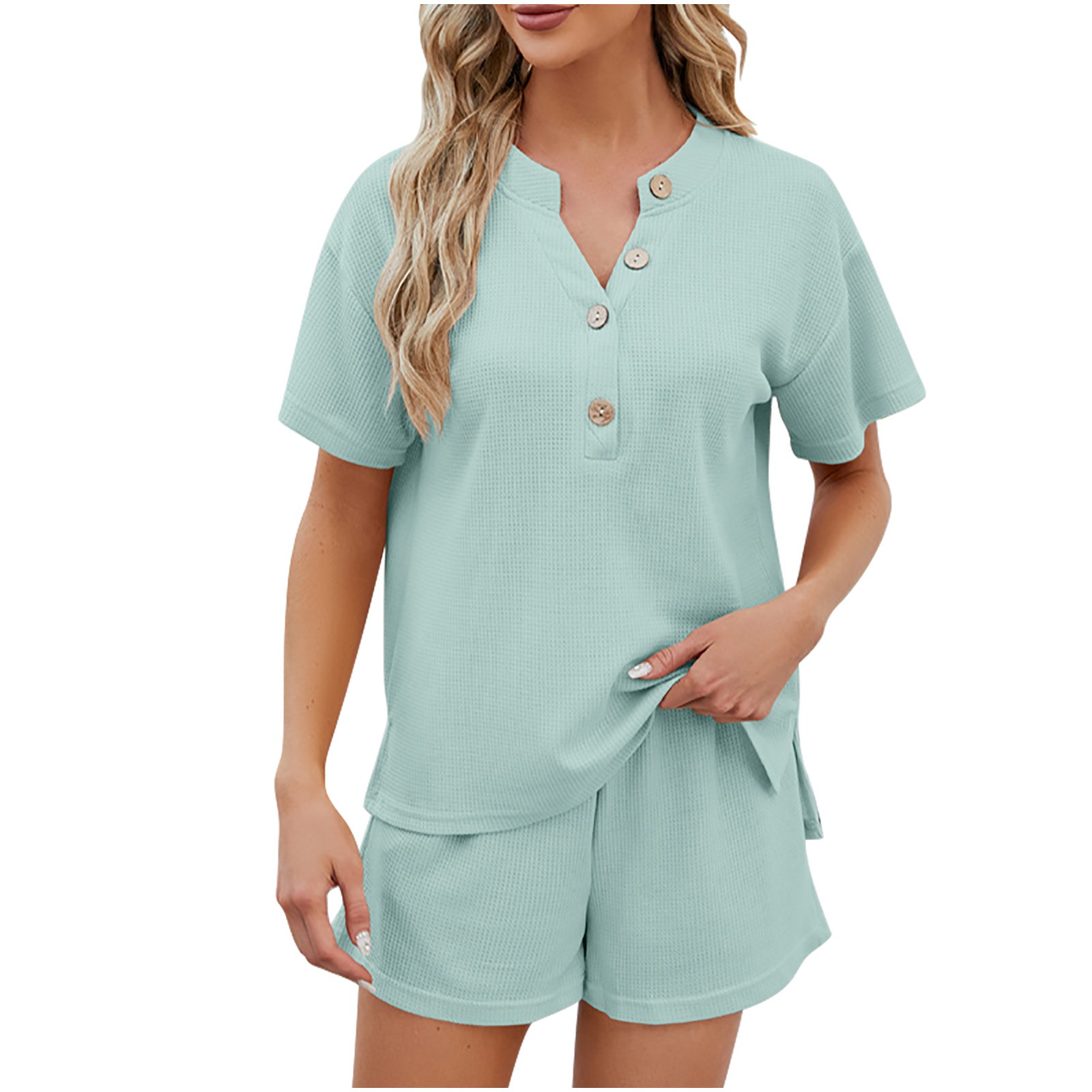 qolati Women's Waffle Knit Pajamas Set qolati Button Down Short Sleeve ...