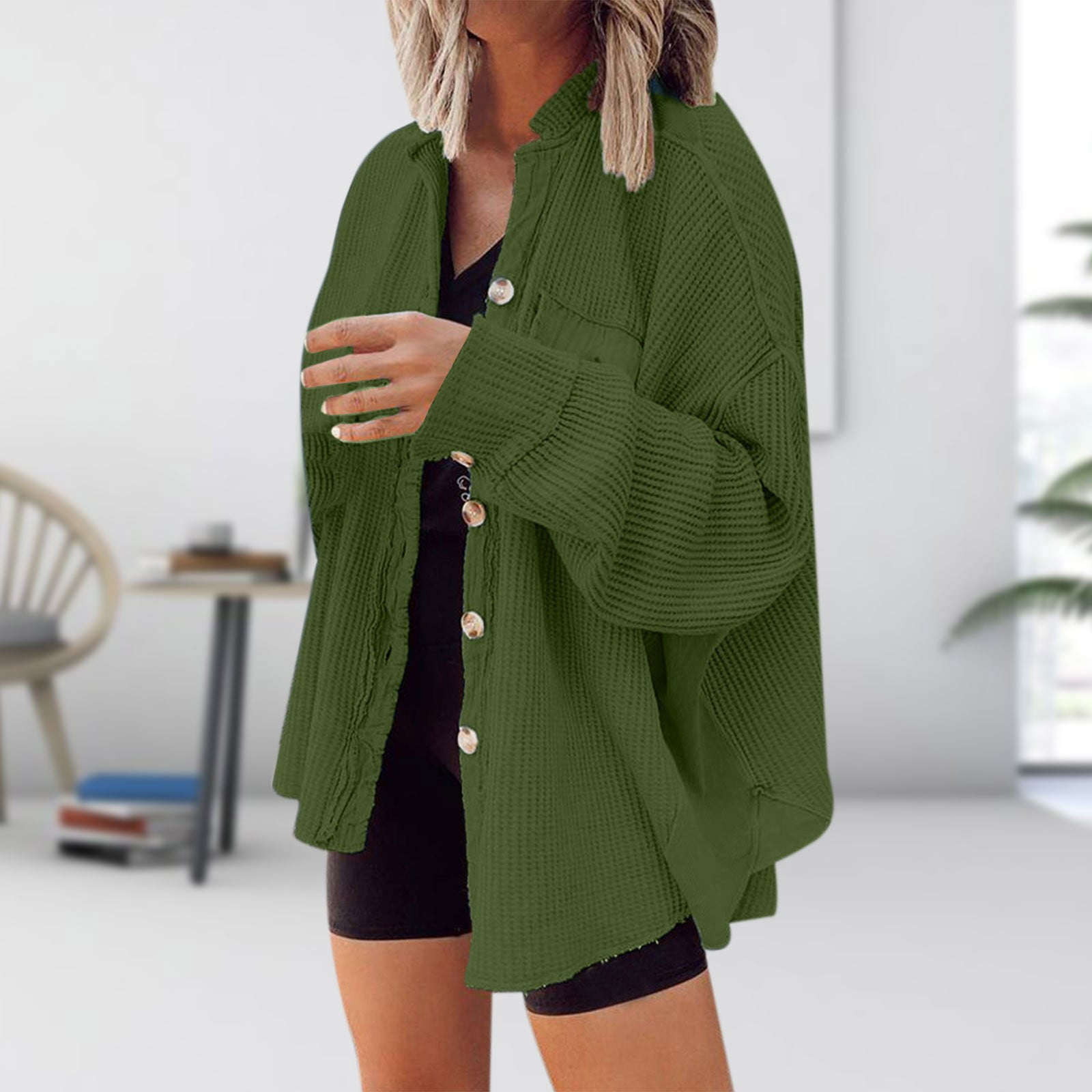 qolati Women's Waffle Knit Shacket Boyfriend Shirt Jacket Trendy Long ...