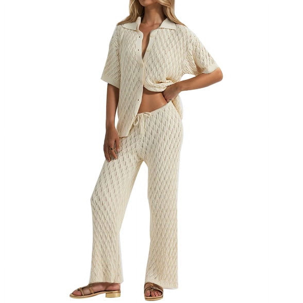 qolati Womens 2 Piece Lounge Sweater Sets Crochet V Neck Button Down ...