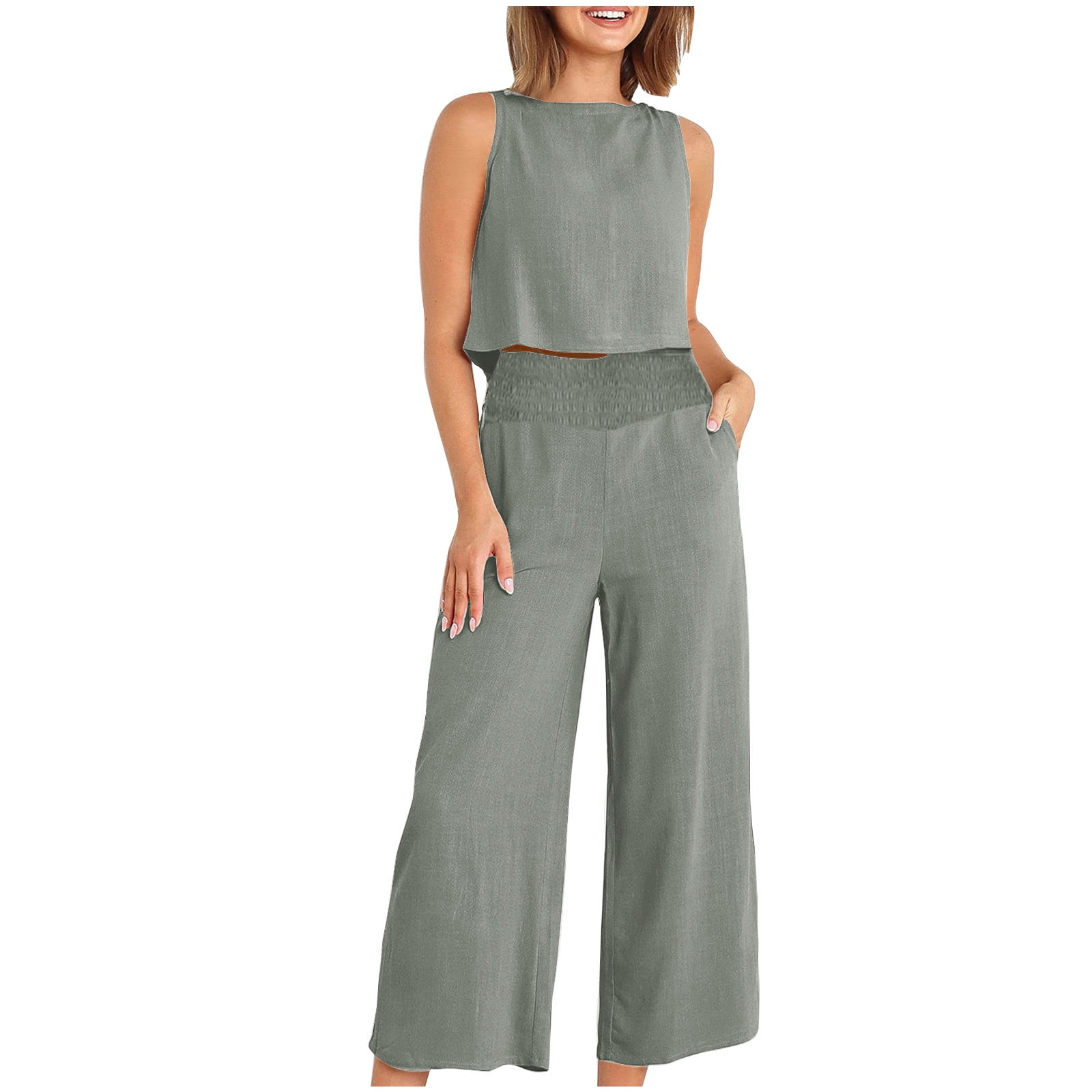 qolati Womens 2 Piece Outfits Summer Sleeveless Tank Crop Top Capri ...