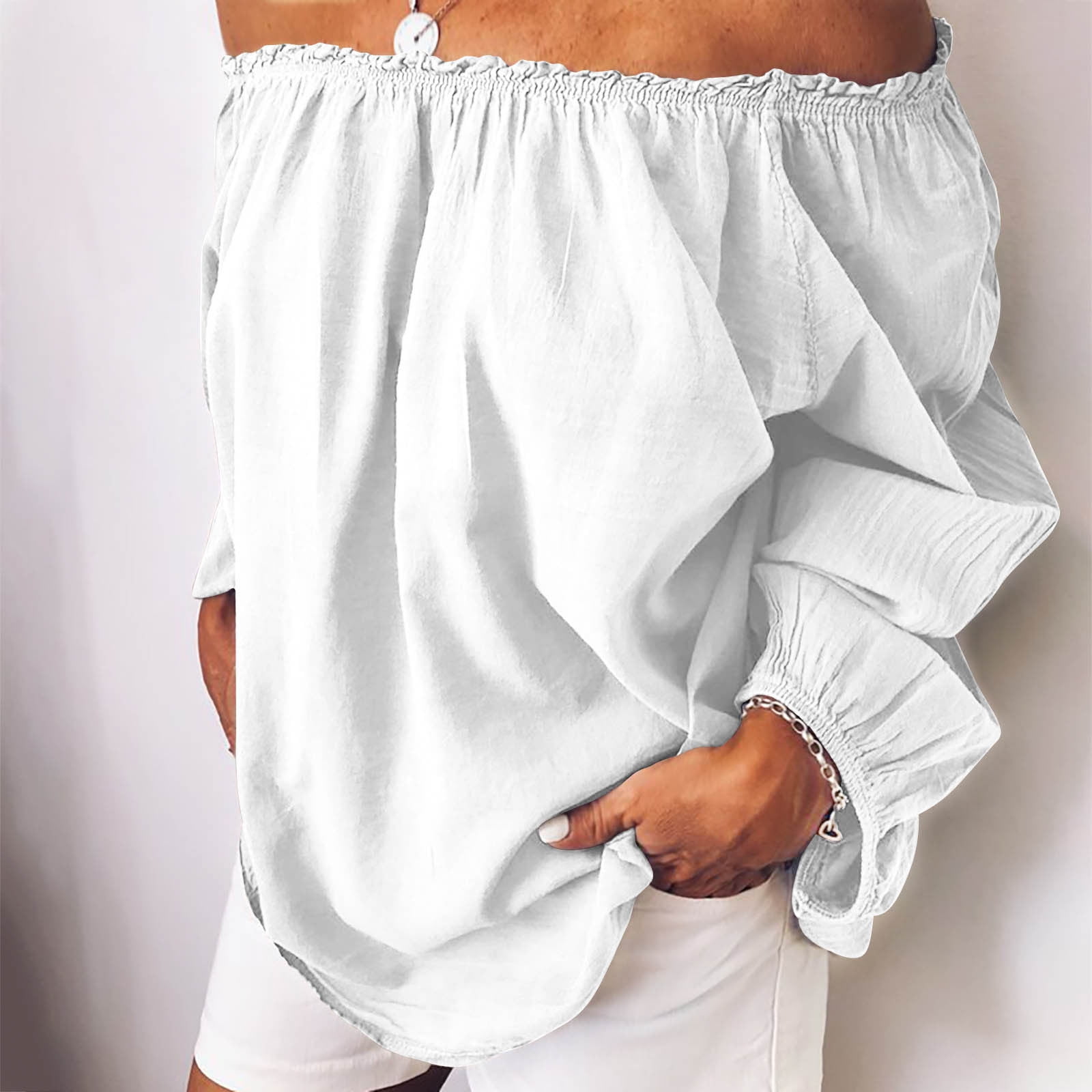 qolati Womens Cotton Linen Shirts Casual Off Shoulder Tunics Tops Long ...
