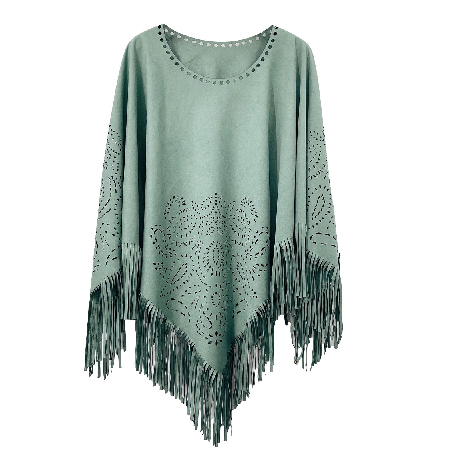 qolati Womens Faux Suede Shawl Coats Fringe Trendy Lace Shawls Tops ...