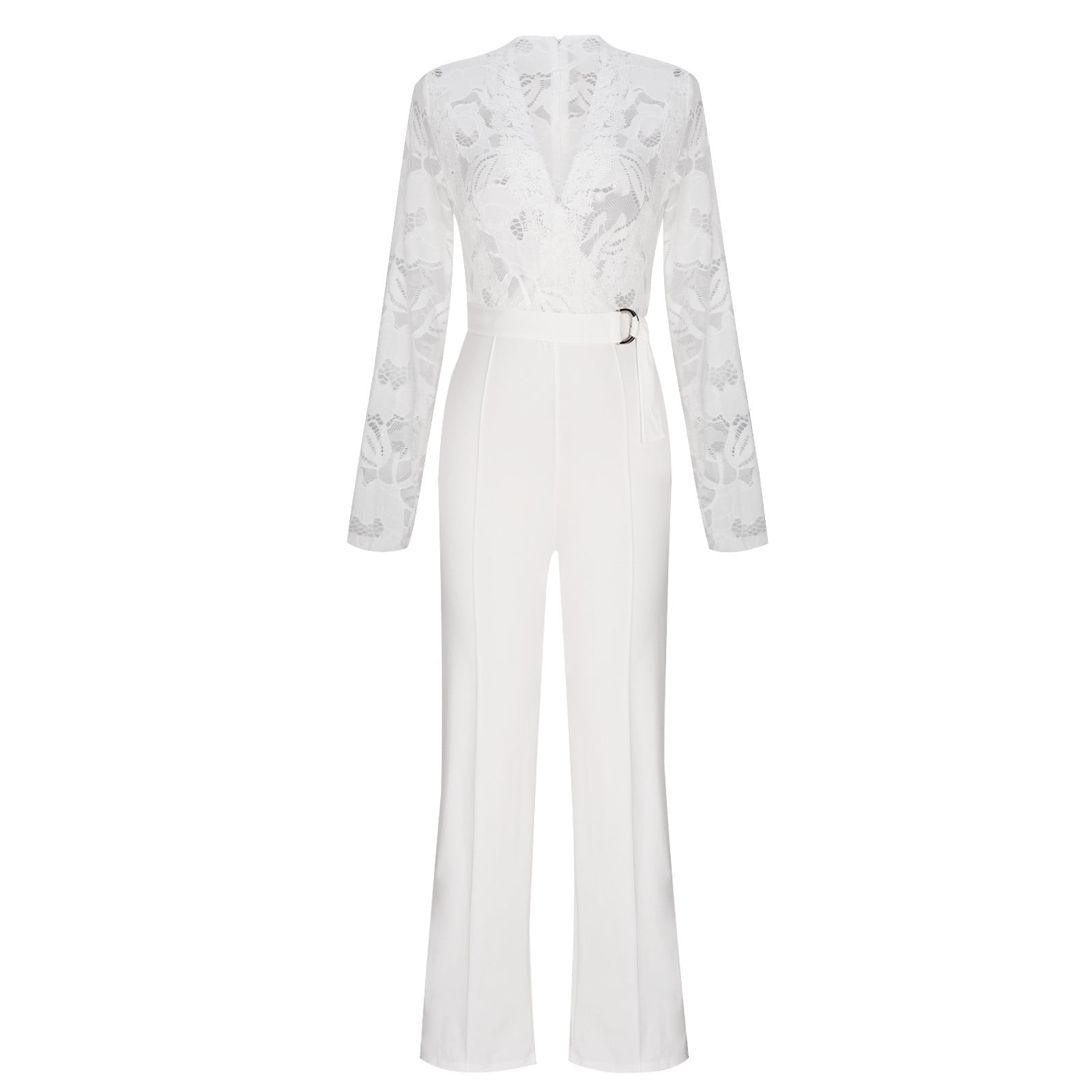 qolati Womens Formal Jumpsuit Dressy Lace V Neck Long Sleeve Wide Leg ...