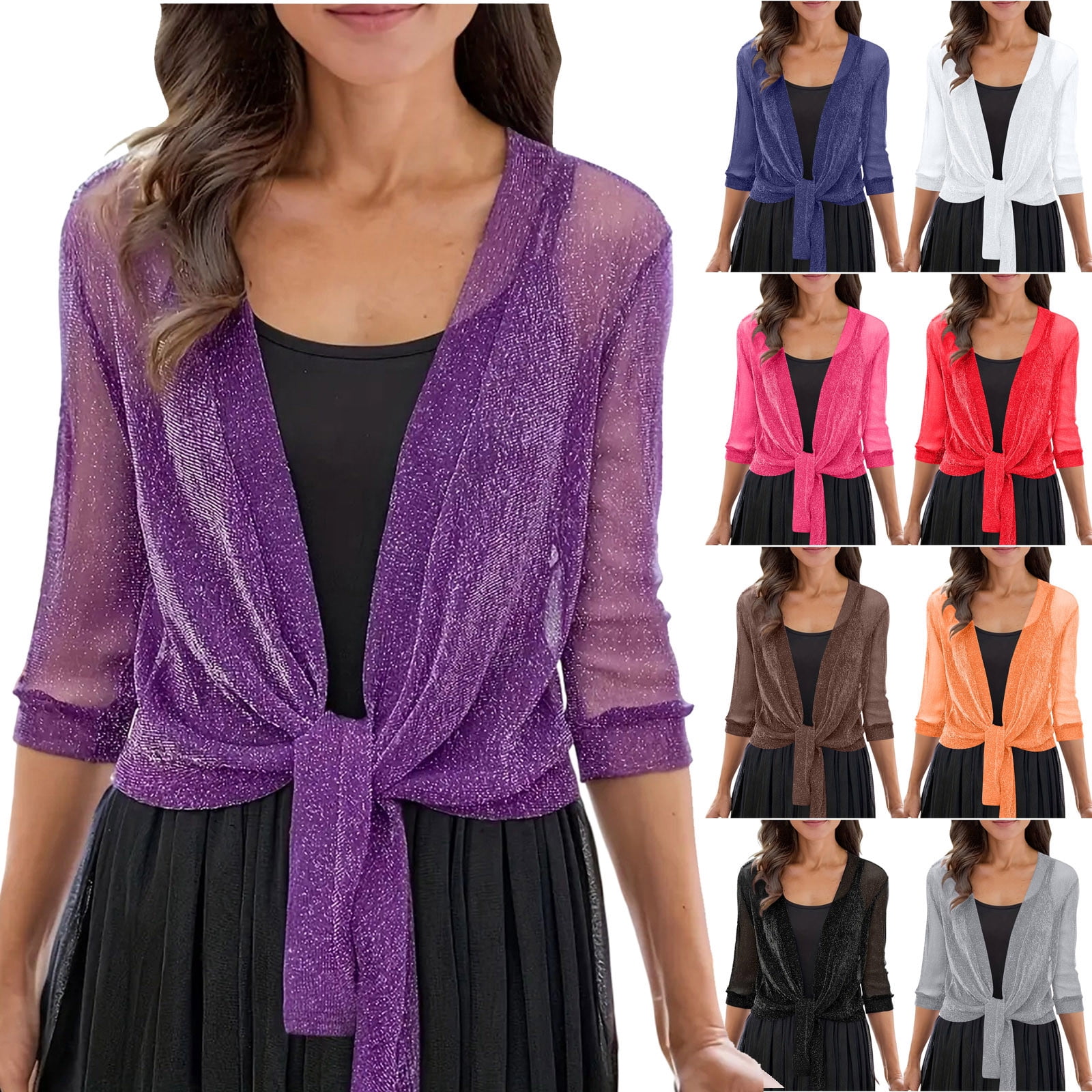 qolati Womens Glitter Sheer Shrug Elegant 3/4 Sleeve Tie Front Cropped ...