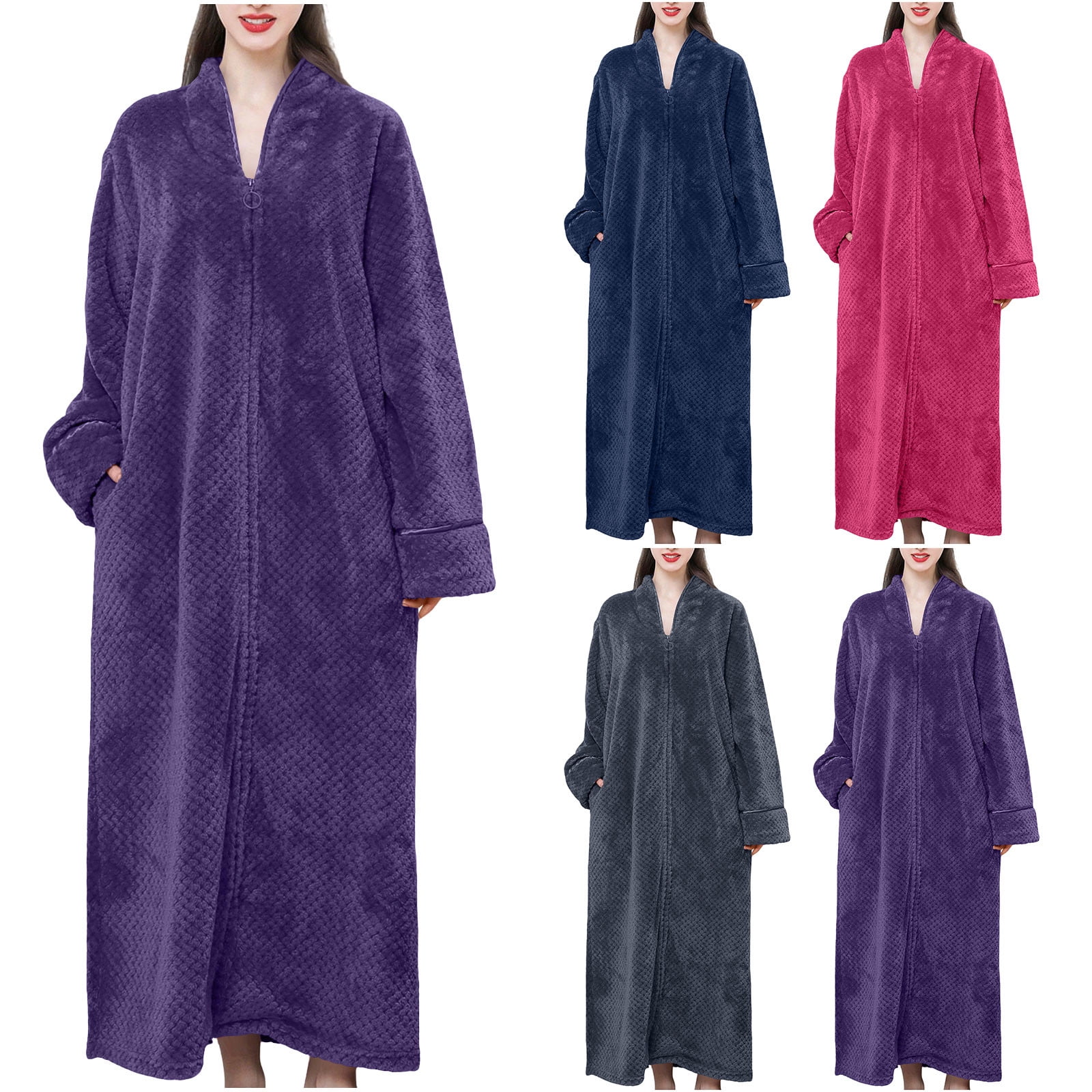 qolati Womens Long Housecoat Fuzzy Bath Robe Fleece Oversized Zipper ...