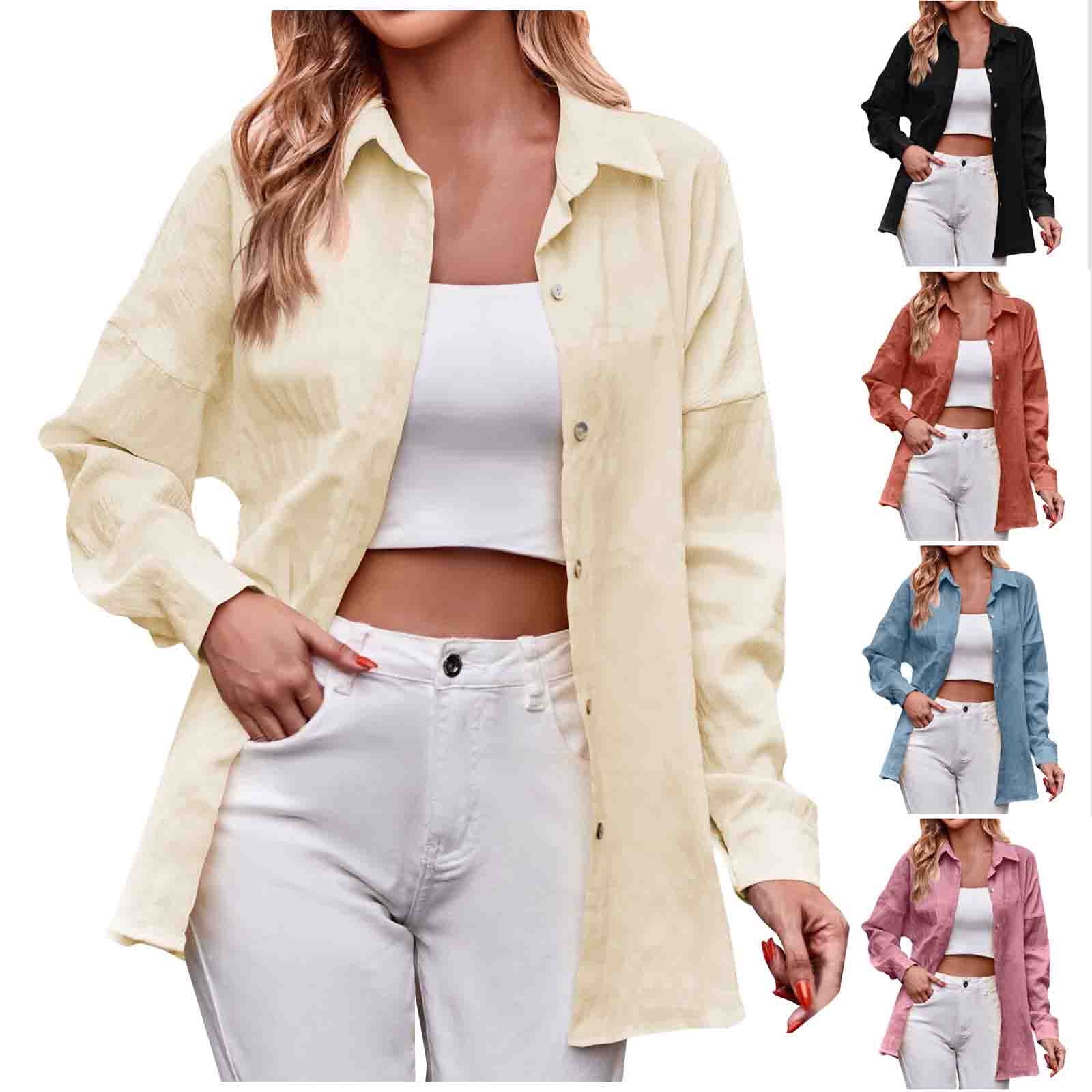 qolati Womens Long Sleeve Shacket Casual Ribbed Button Down Fall Shirt Jacket 2023 Trendy Loose ...