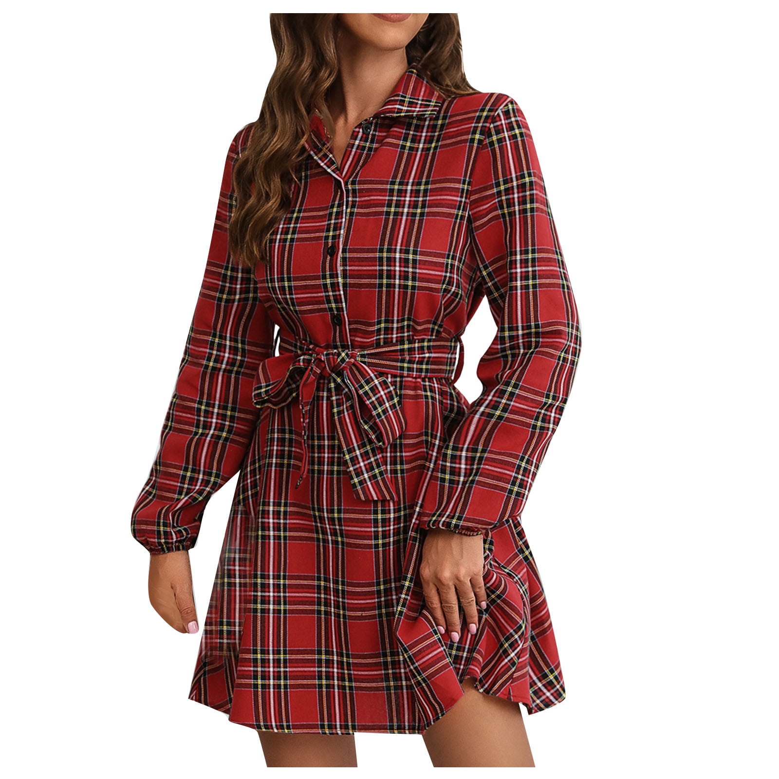 qolati Womens Plaid Dresses Flannel Puff Sleeve Button Down Shirts ...
