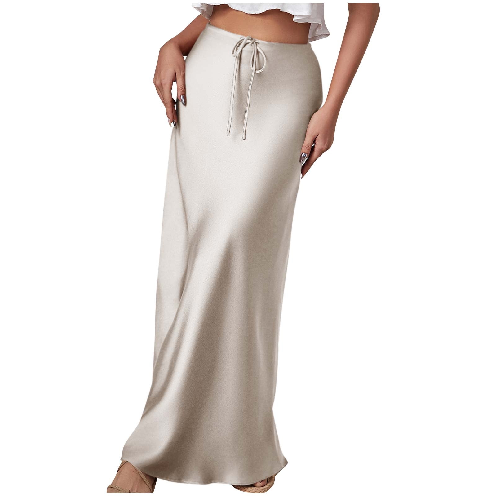 qolati Womens Satin Maxi Skirts Casual Silk High Waisted Drawstring ...