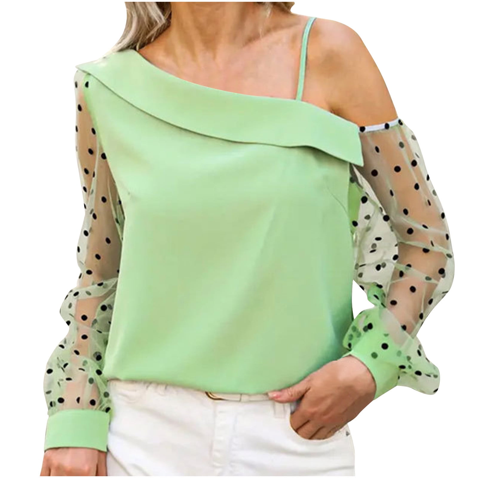 qolati Womens Tops 2024 Polka Dots Mesh Long Sleeve Blouse Casual ...