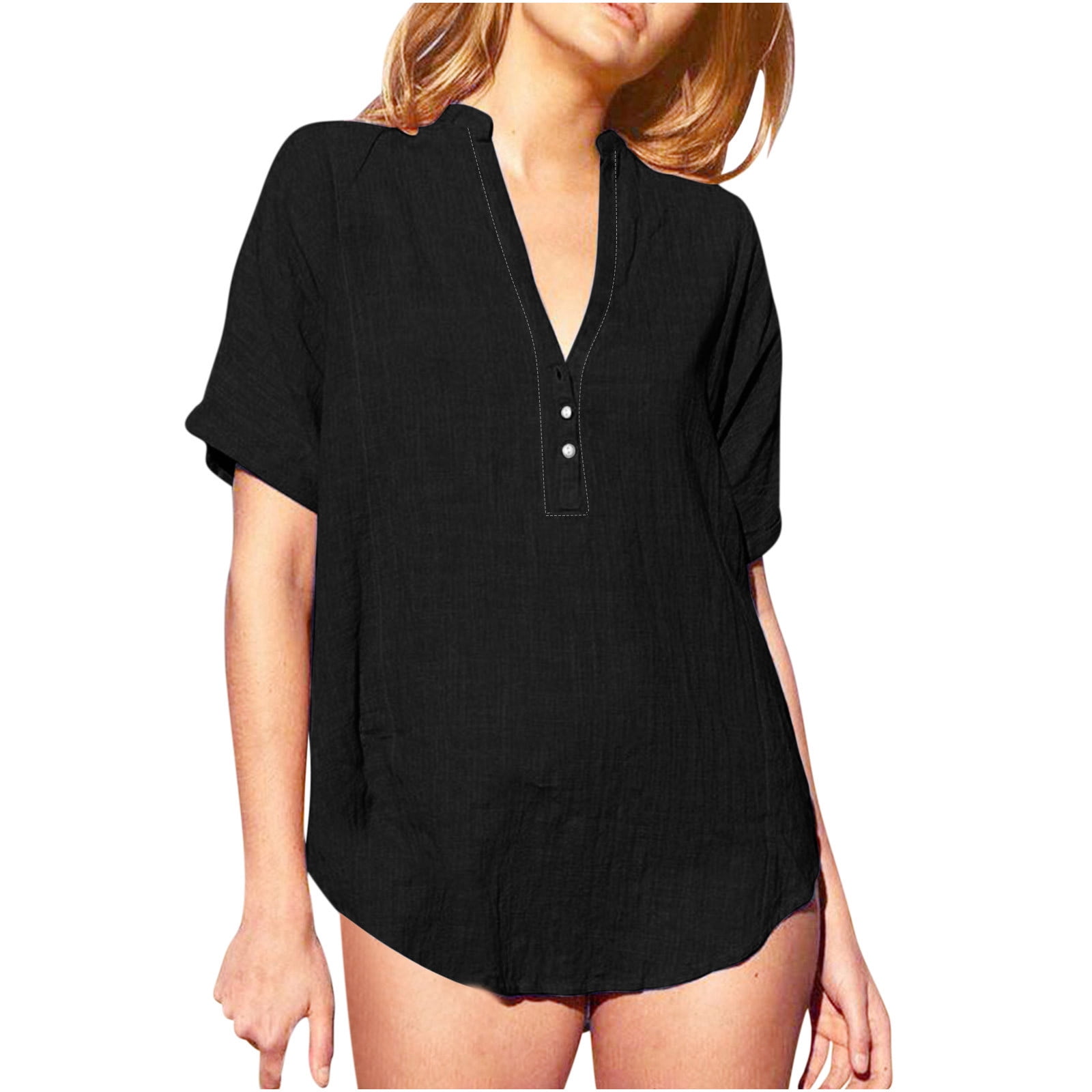 Qolati Womens Tops 2024 Trendy Short Sleeve Henleys Neck Button Blouses