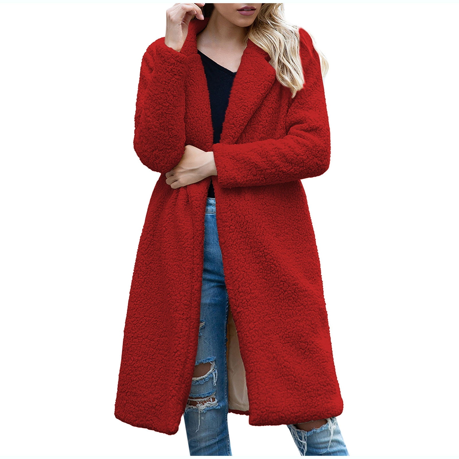 qolati Womens Trench Coats Fuzzy Fleece Winter Jacket Faux Furs Lapel ...