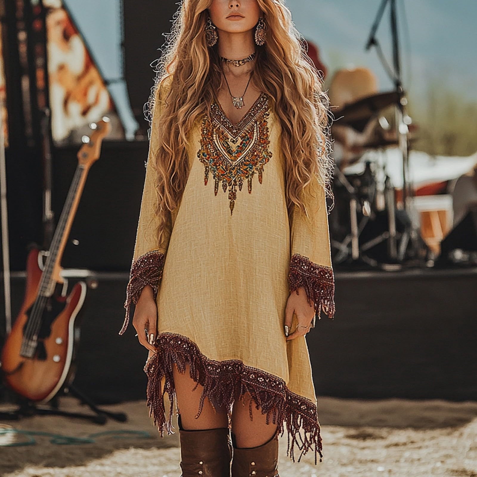 qolati Womens Western Cowgirls Dress Cowboy Boho Vintage Long Sleeve V ...