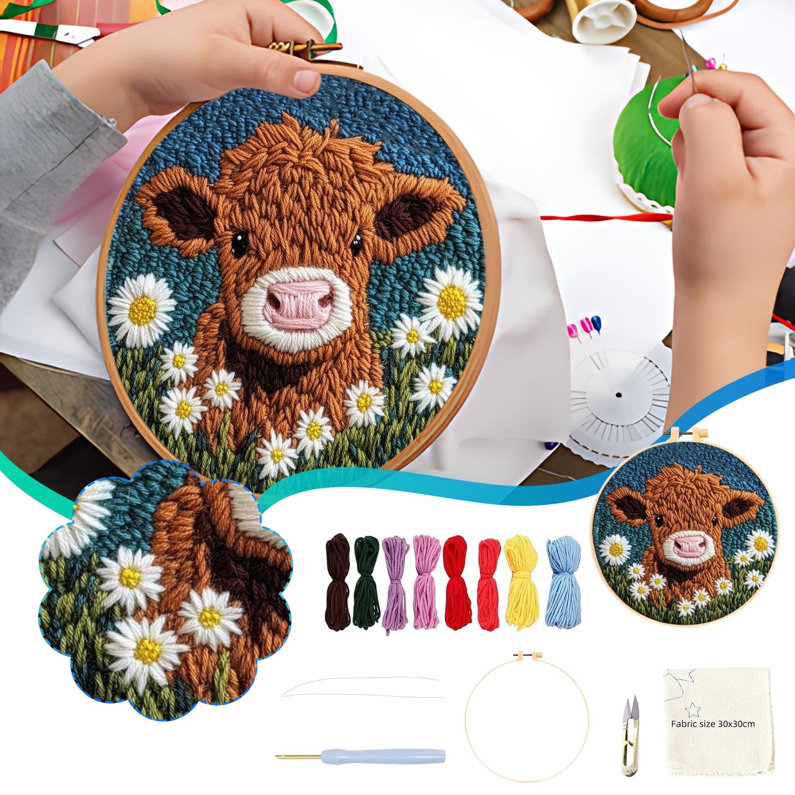 quanjun DIY Punch Needle Kits for Beginners,Cute Cartoon Highland Cow ...