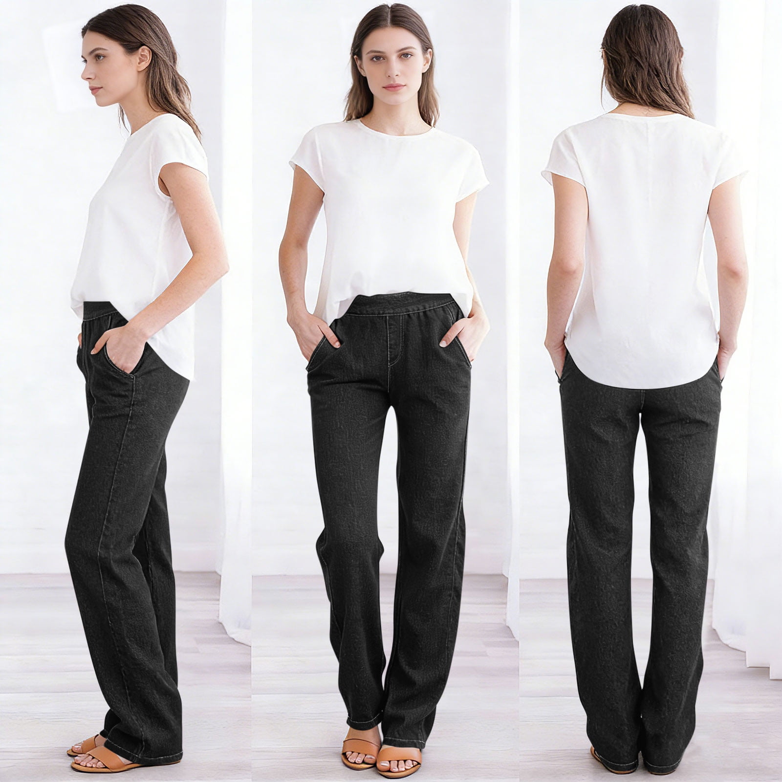 qucoqpe Imitation Jeans for Women Stretchy Elastic Waist Denim-Like ...