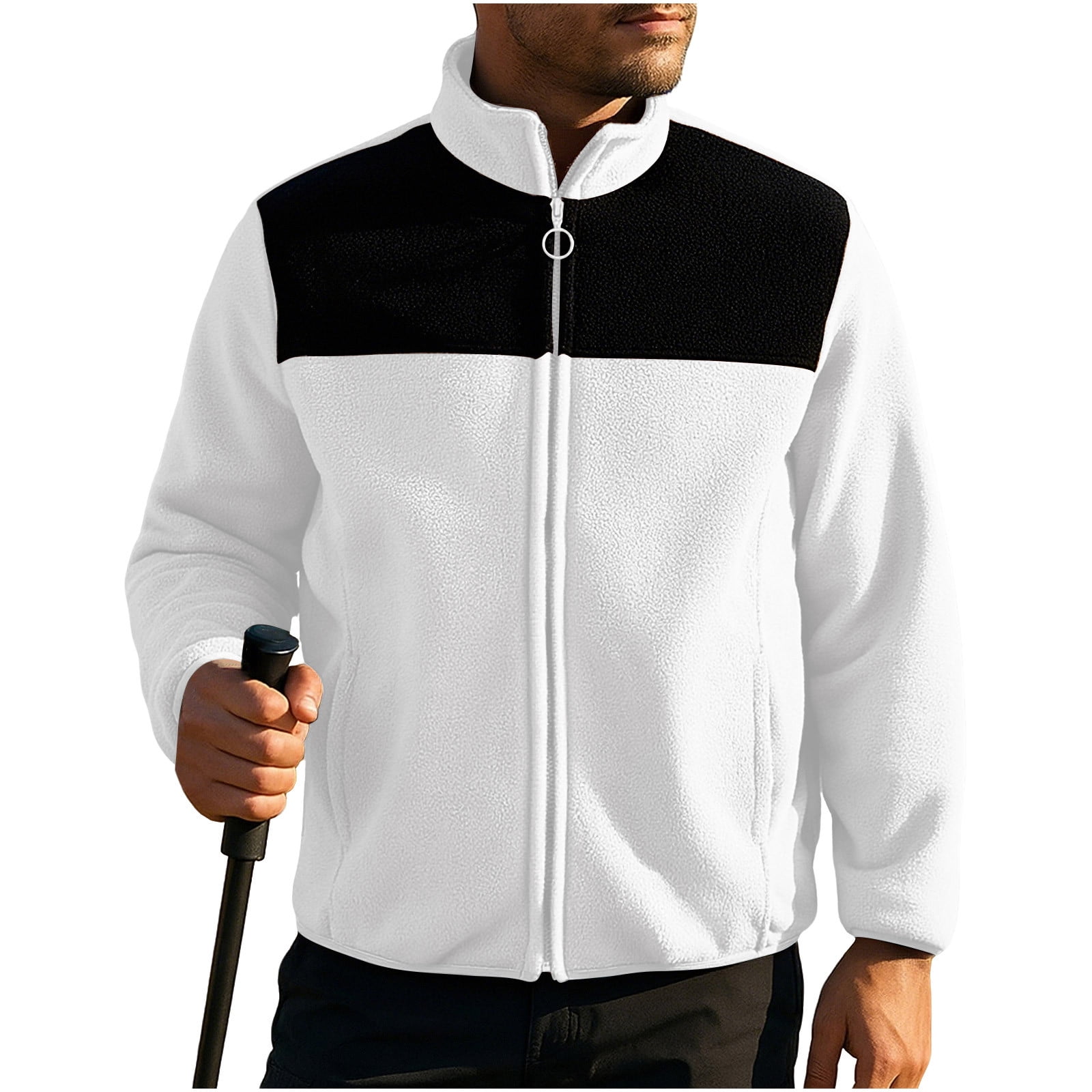 qucoqpe Men's Full Zip Fuzzy Fleece Jacket Trendy Color Block Patchwork ...