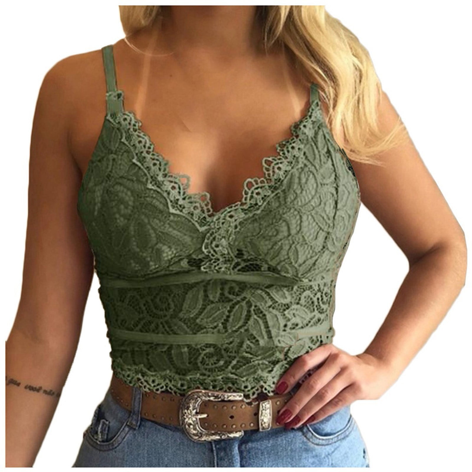 Qucoqpe Padded Bralettes For Women Sexy Plus Size Floral Lace Scalloped Trim Wireless Bra