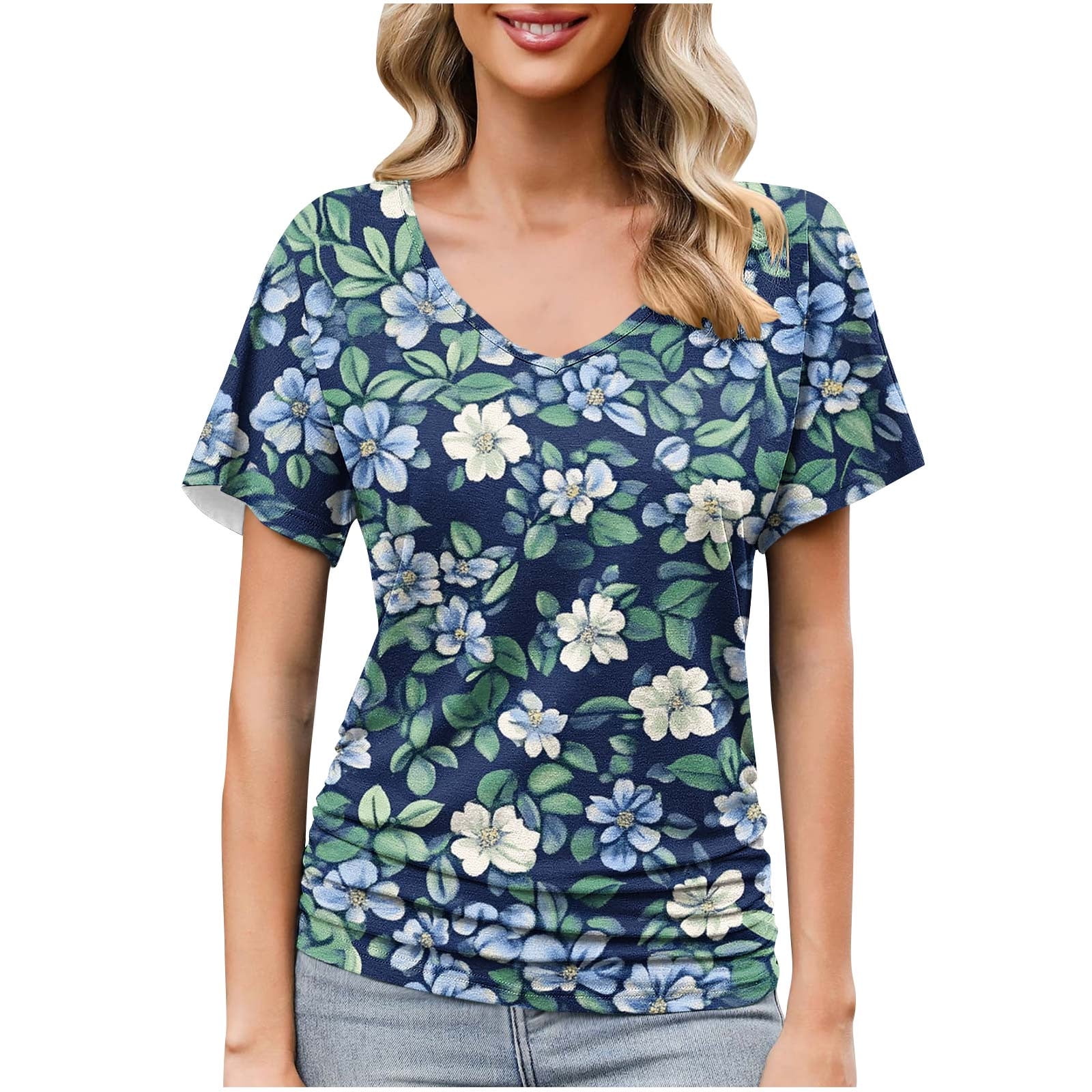 qucoqpe Summer Tops for Women 2026 Fashion Floral Printed V Neck ...