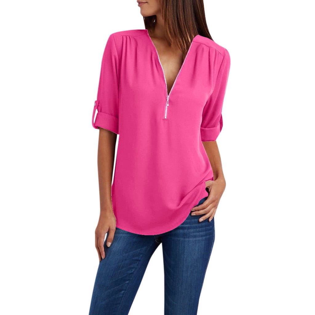 Amzcrzy Women Chiffon Zip Shirts Tops Loose V Neck Half Sleeve Curved ...