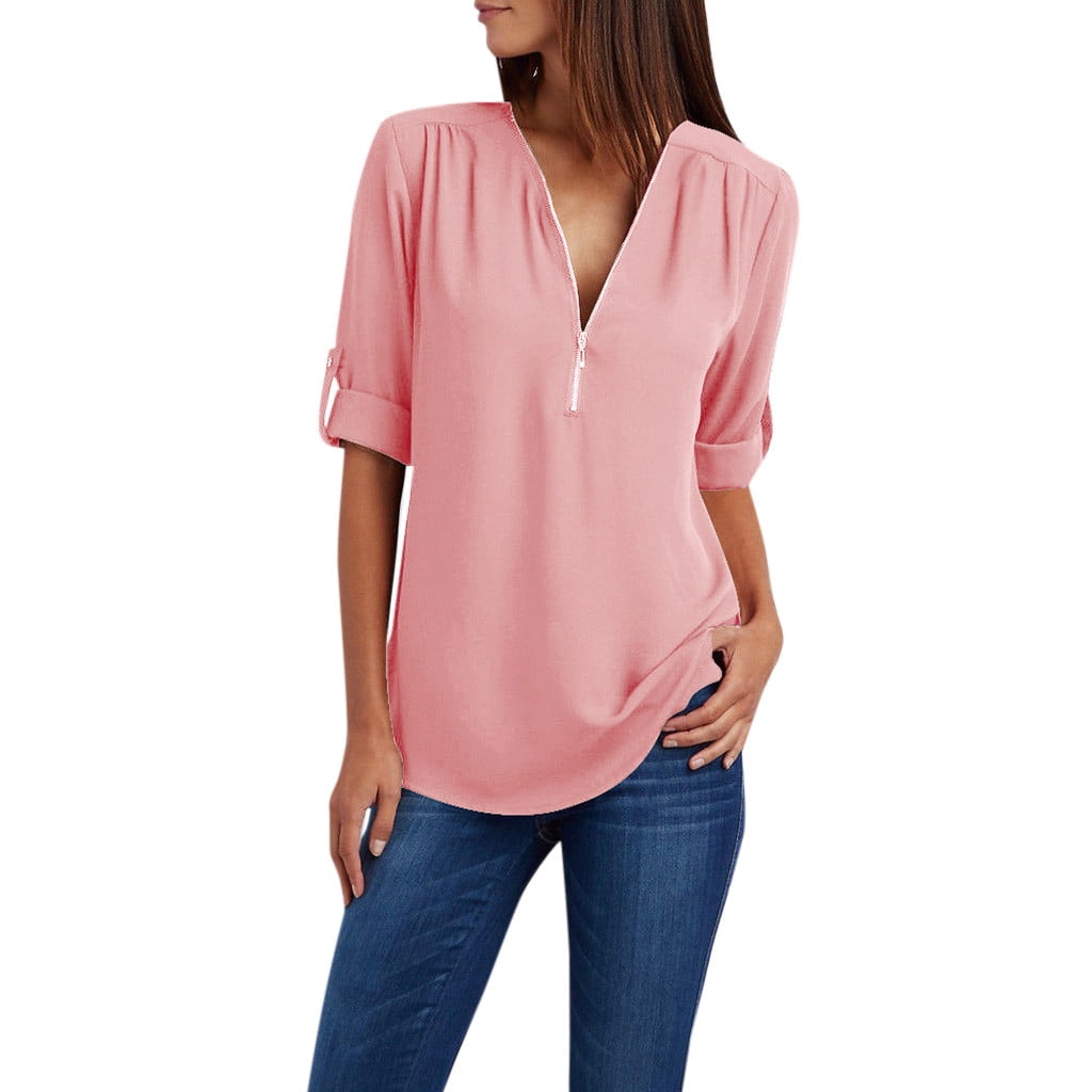 Amzcrzy Women Chiffon Zip Shirts Tops Loose V Neck Half Sleeve Curved ...