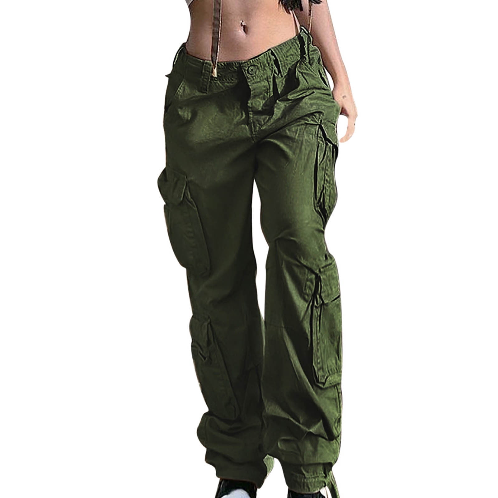 qucoqpe Women Low Waist Baggy Cargo Pants Flap Pockets Loose Straight ...