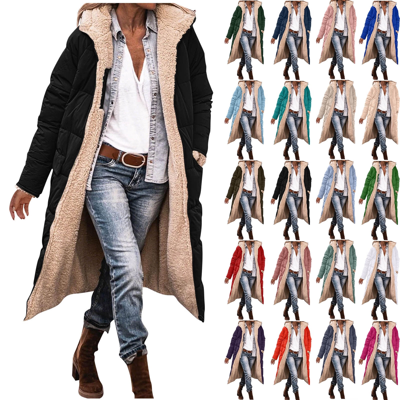 qucoqpe Women's 2-Sided Reversible Long Coat with Pockets Solid Color ...