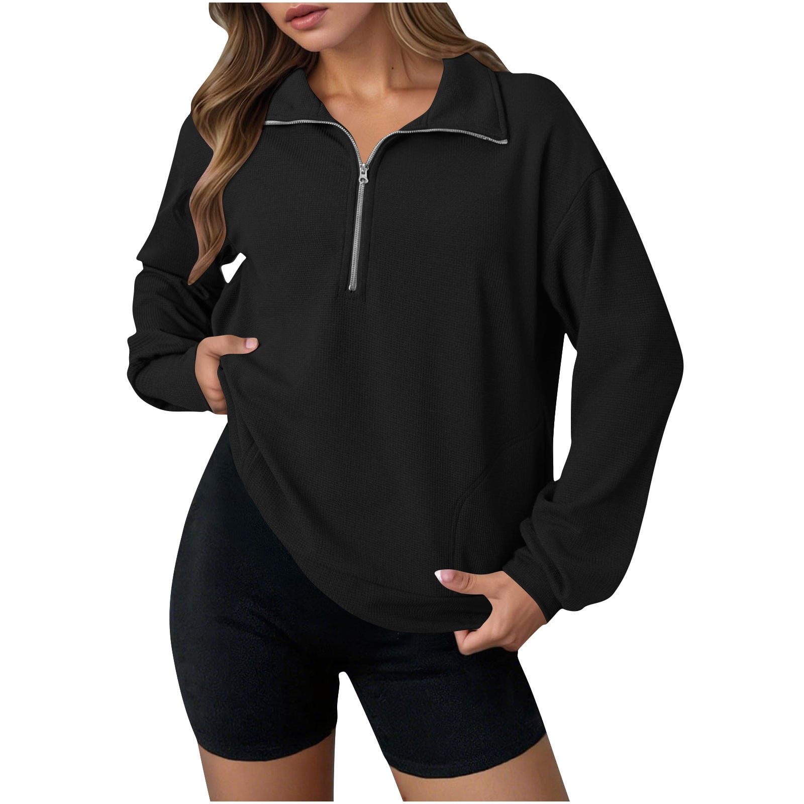 qucoqpe Women's Semi-Zip Pullover Sweatshirt Solid Color Long Sleeve ...