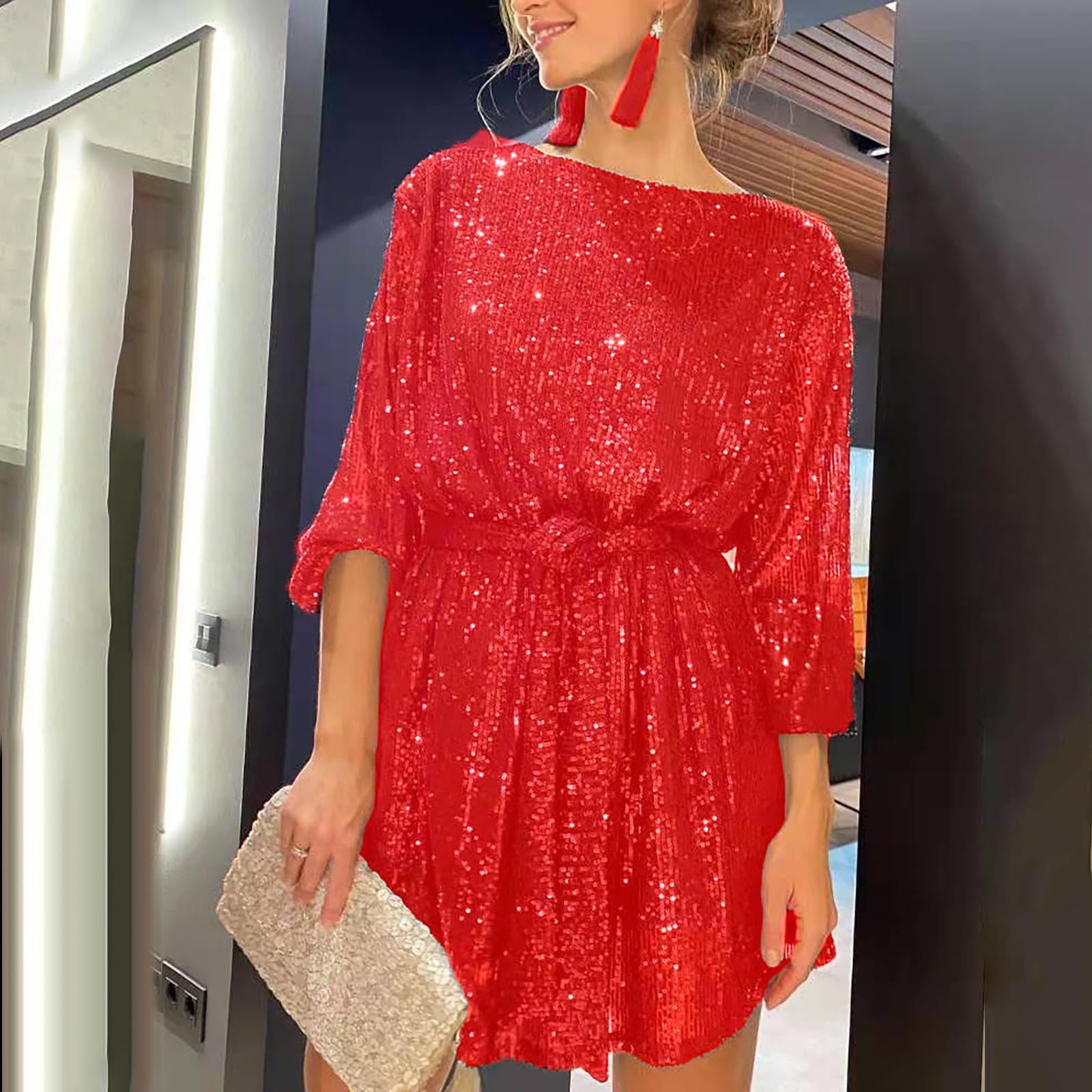 Qucoqpe Womens Sparkle Glitzy Glam Sequin Long Sleeve Flapper Wedding